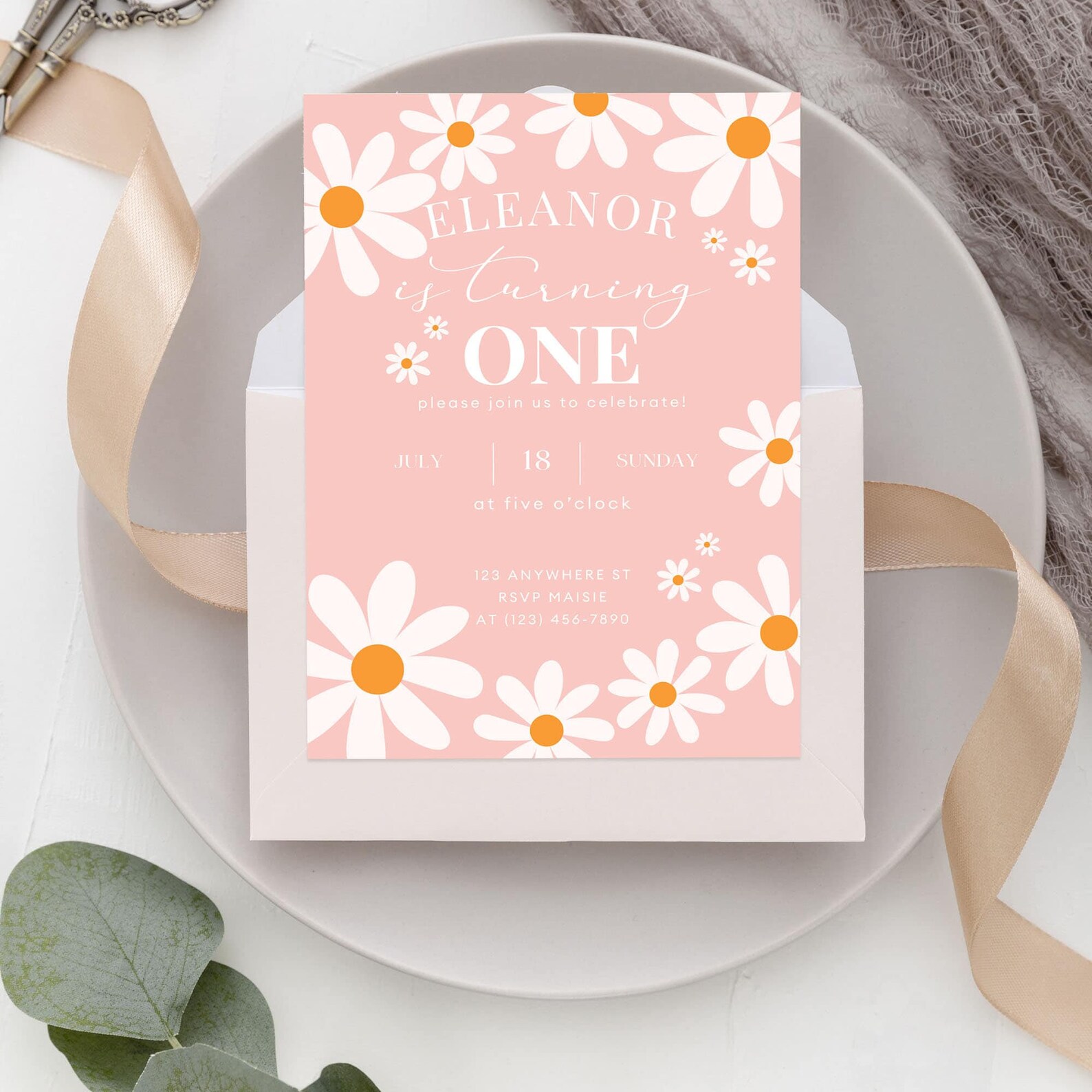 Printable Daisy First Birthday Invitation Template, Pink Boho Daisy 1st ...