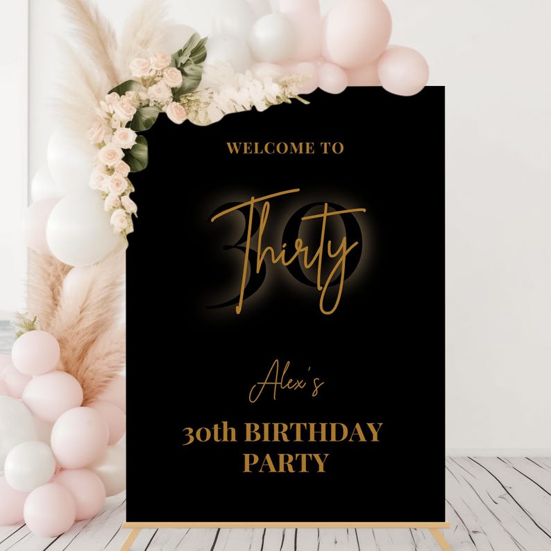 Editable Black and Gold Birthday Party Welcome Sign 40th Party Sign for ...