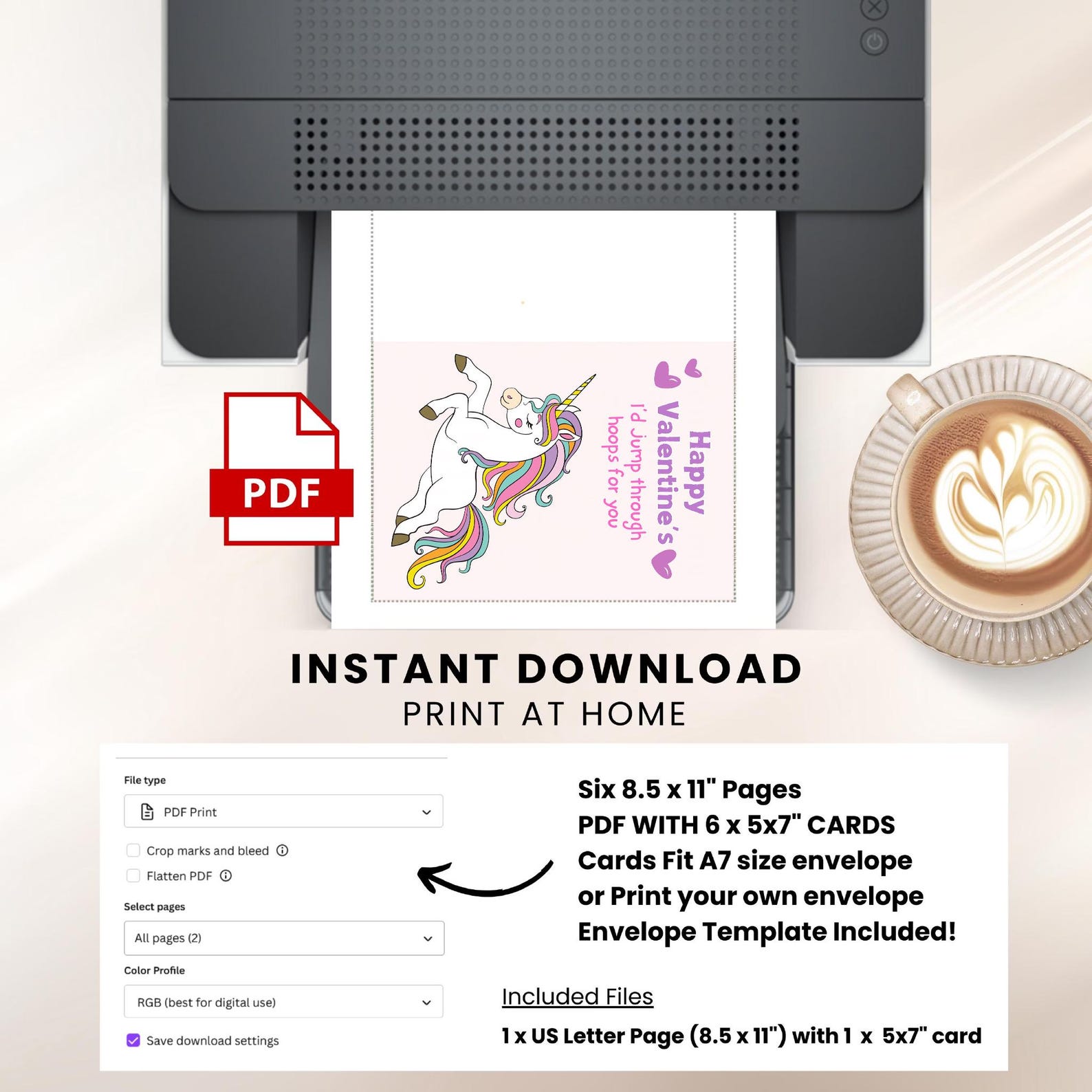 PRINTABLE Girls Valentines Cards Unicorns - Set of 6 - Unicorn Theme ...