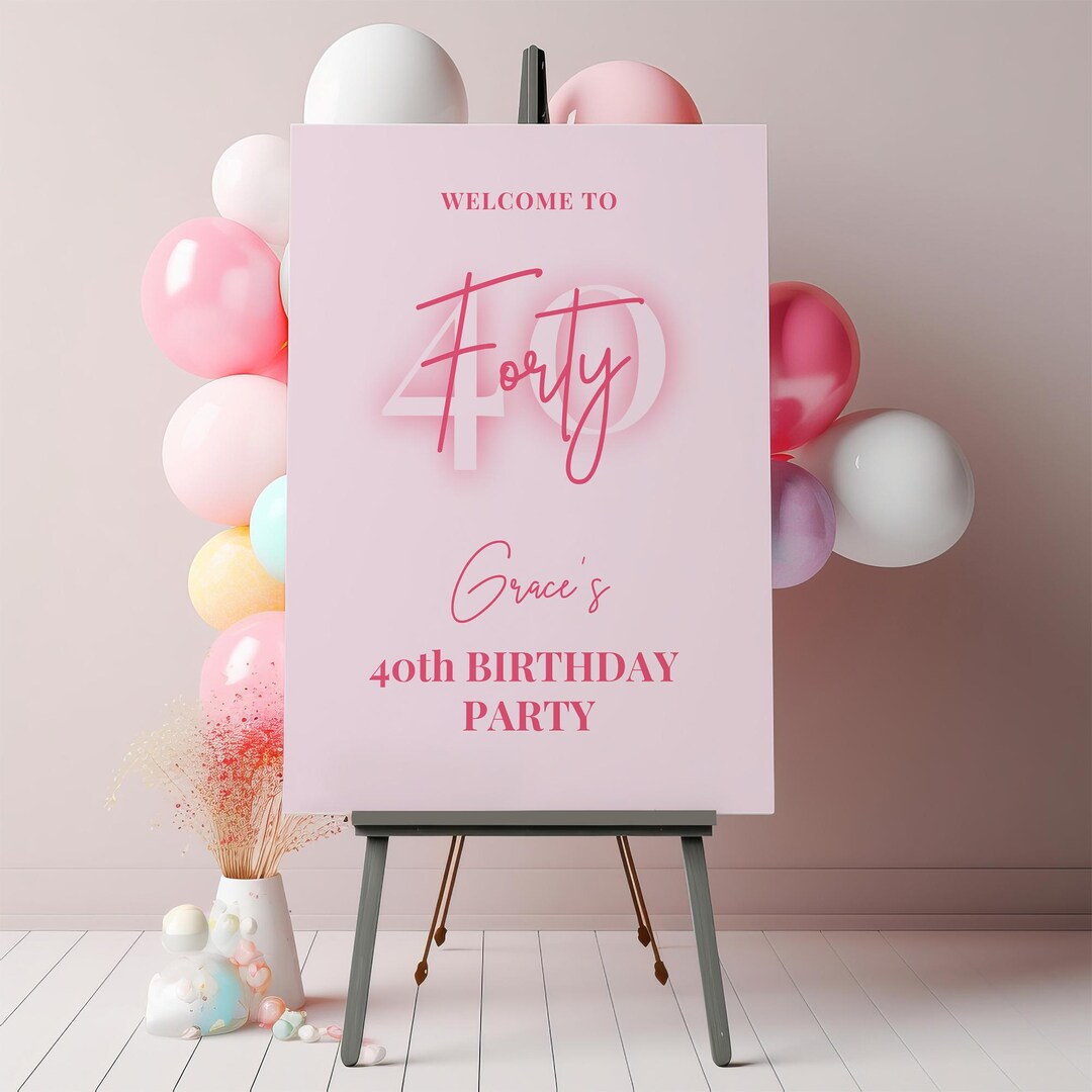 Editable Neon Pink Birthday Party Welcome Sign 40th Birthday Party Sign ...