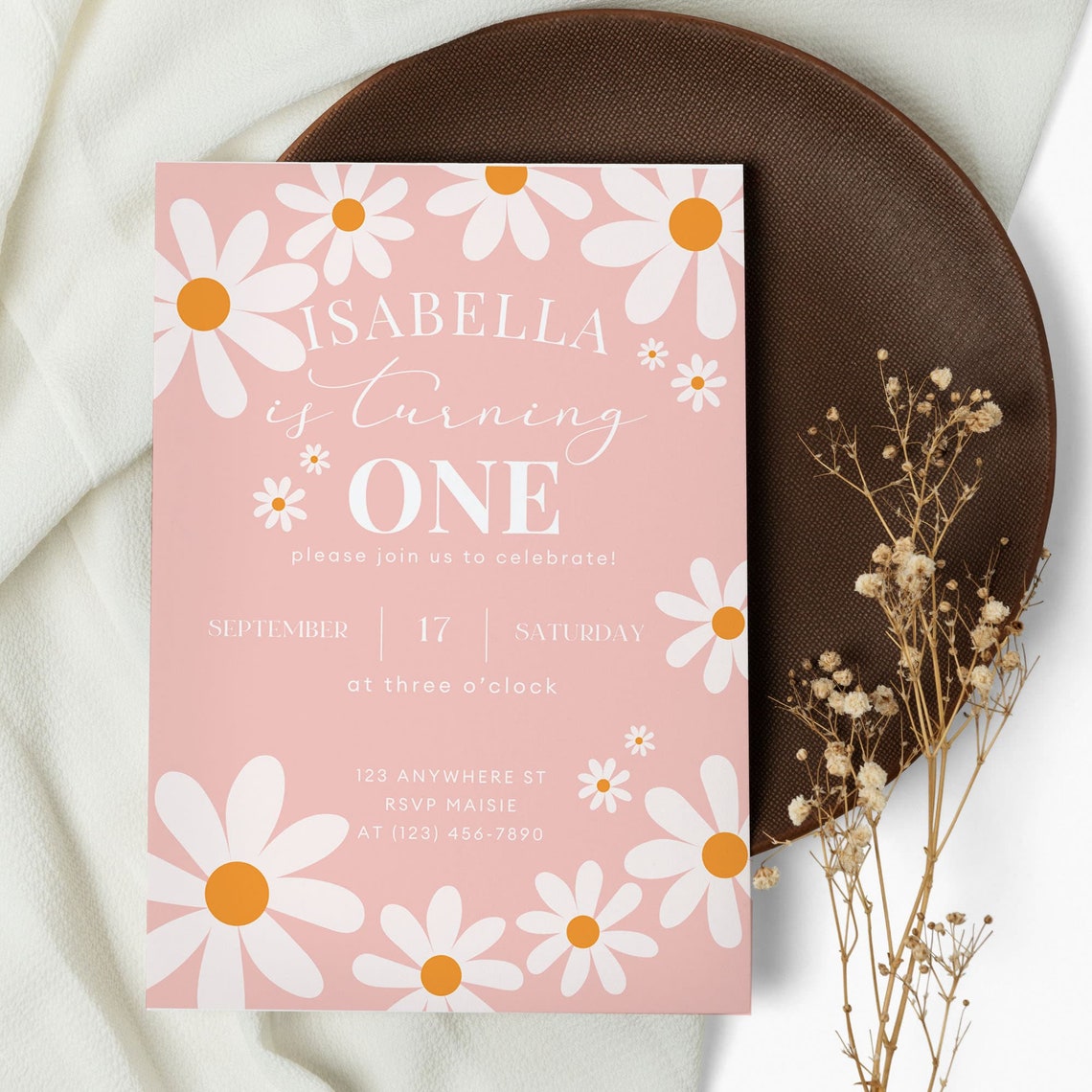 Printable Daisy First Birthday Invitation Template, Pink Boho Daisy 1st ...