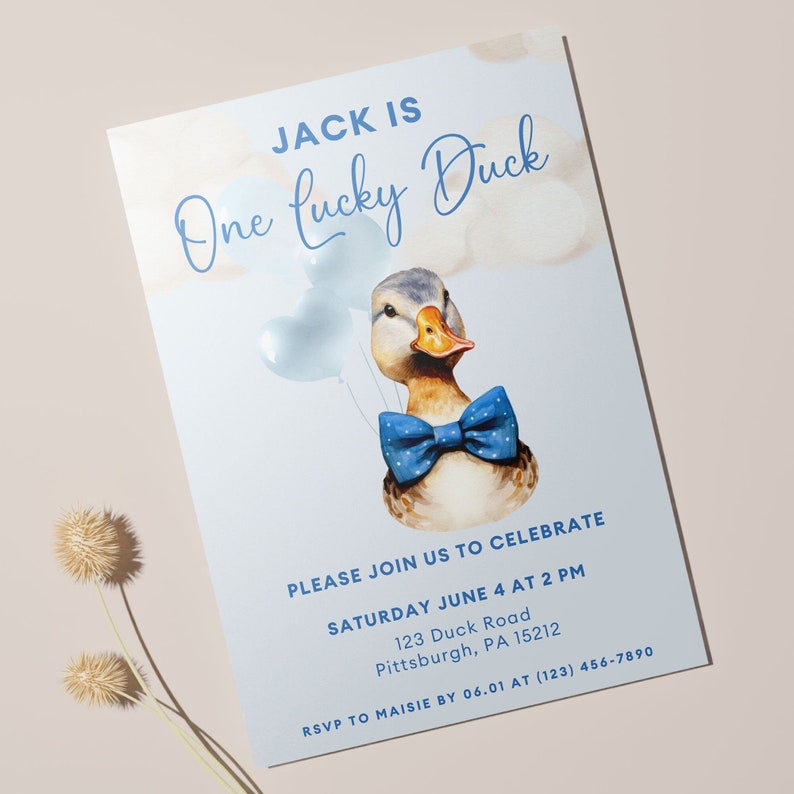 Printable Duck First Birthday Party Invitation Template, One Lucky Duck ...