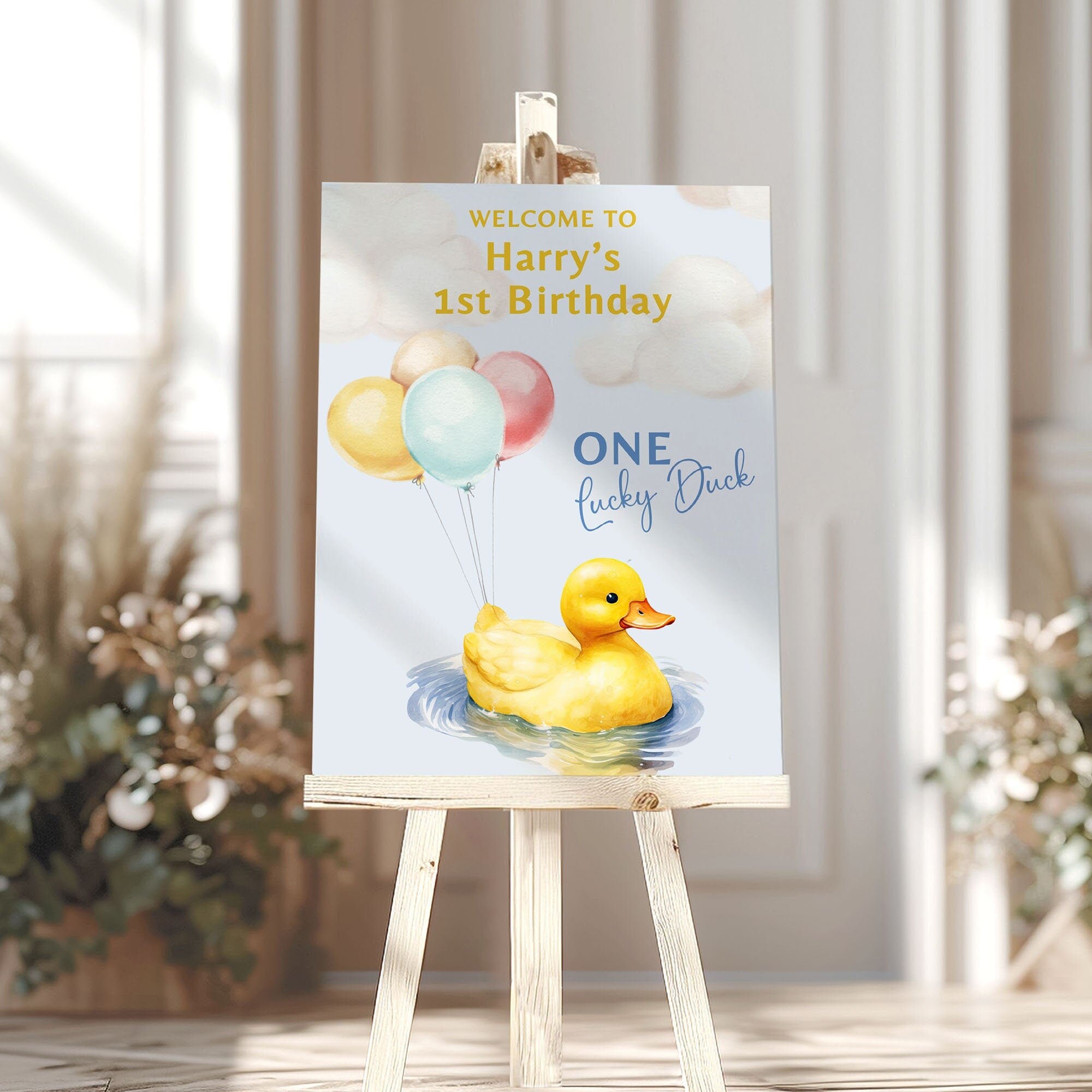Duck First Birthday Party Welcome Sign, One Lucky Duck Birthday Sign ...