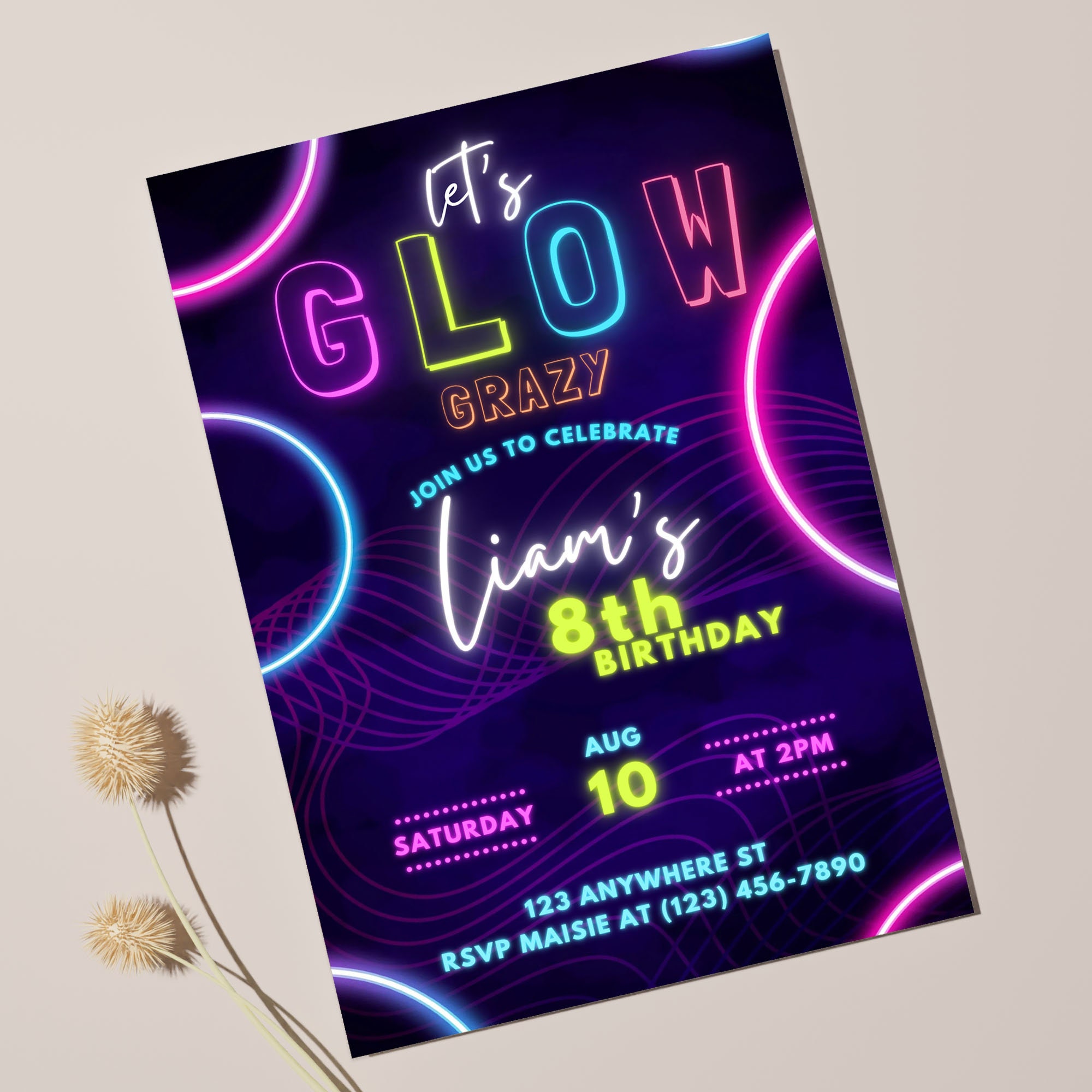 Printable Let's Glow Crazy Invitation Template, Glow Party Invite, Neon ...