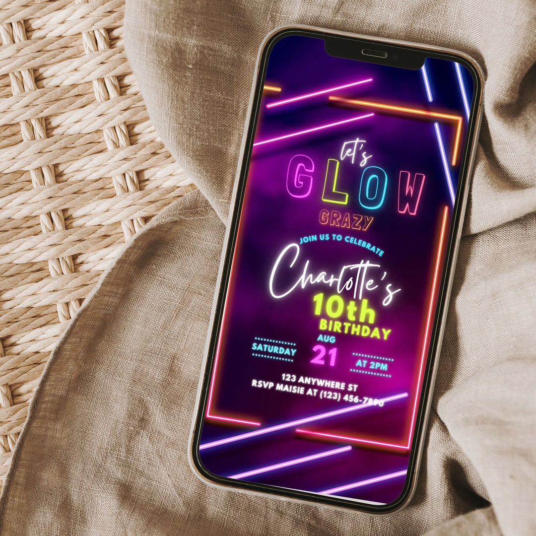 Digital Let's Glow Crazy Invitation Template, Glow Party Invite, Neon ...