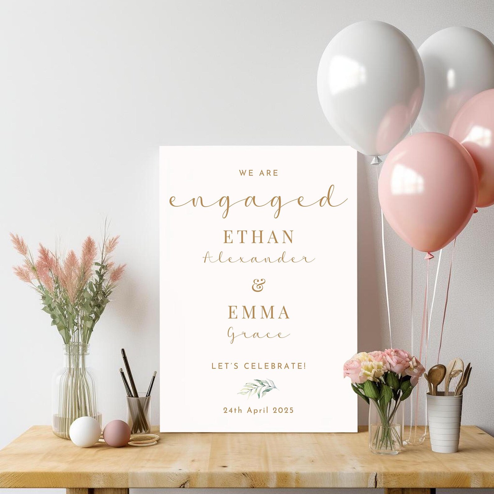 White and Gold Engagement Party Sign Template, Printable Engagement ...