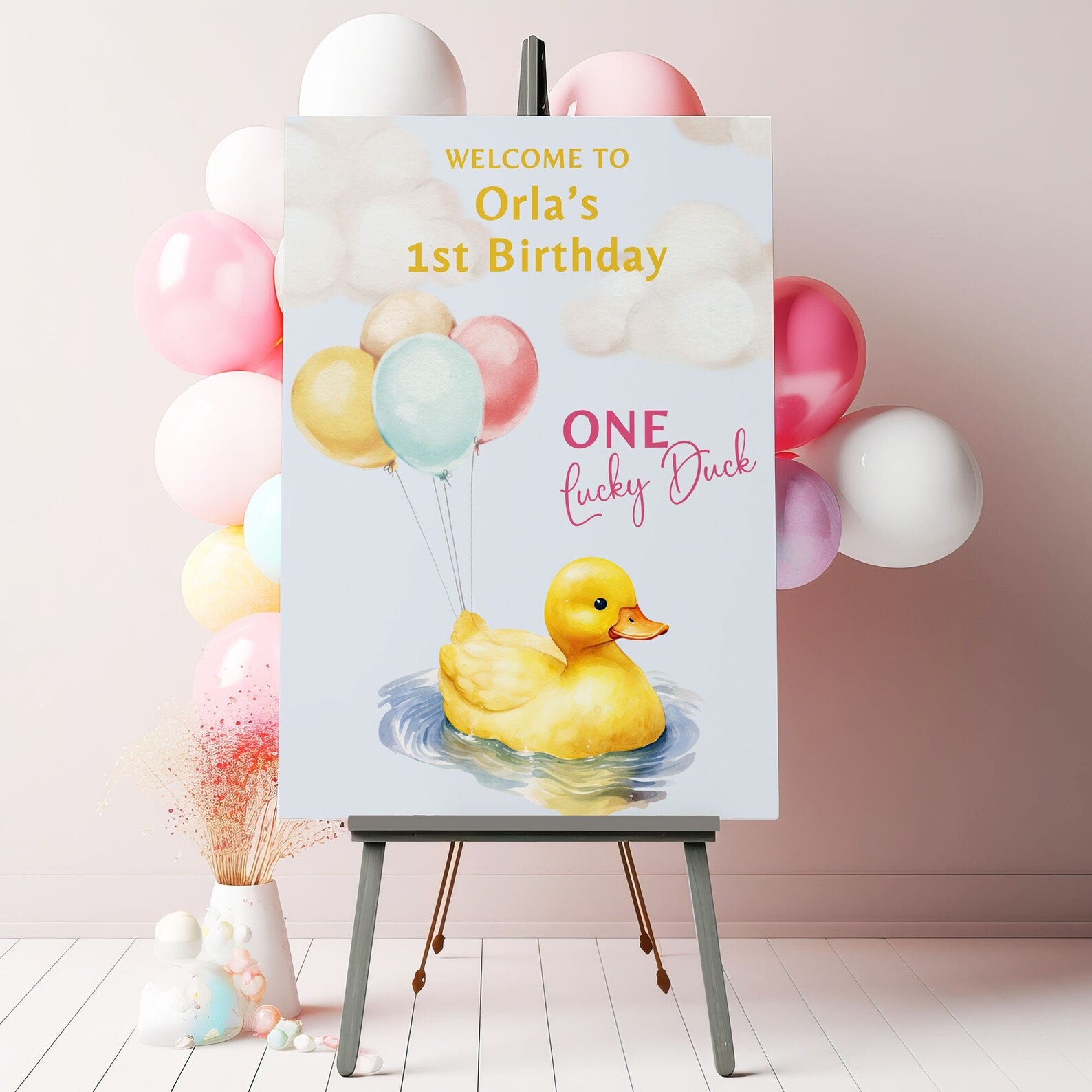 Duck First Birthday Party Welcome Sign, One Lucky Duck Birthday Sign ...