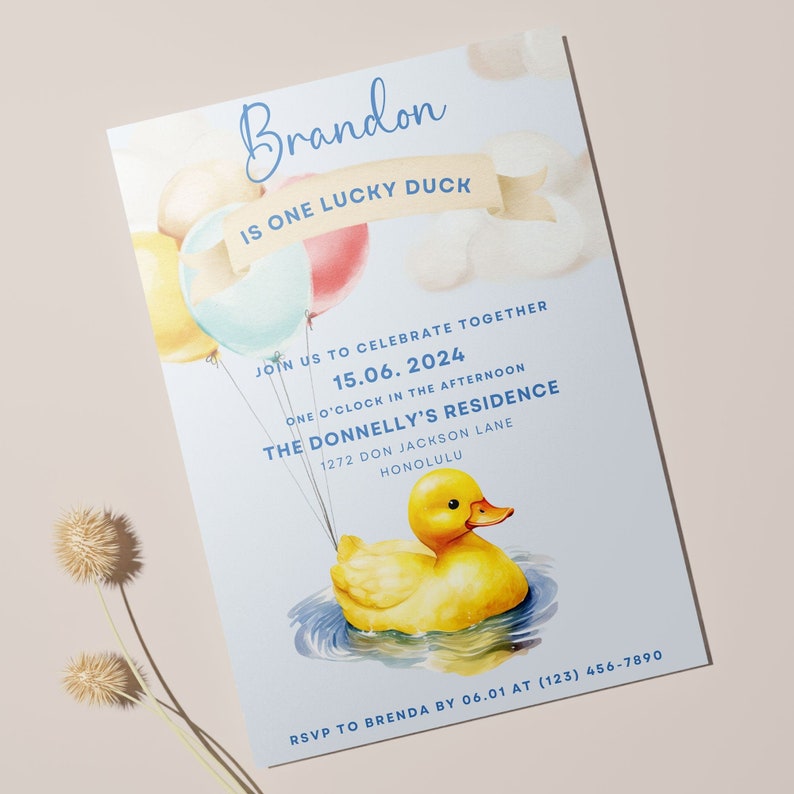 Printable Duck First Birthday Invitation Template, One Lucky Duck ...