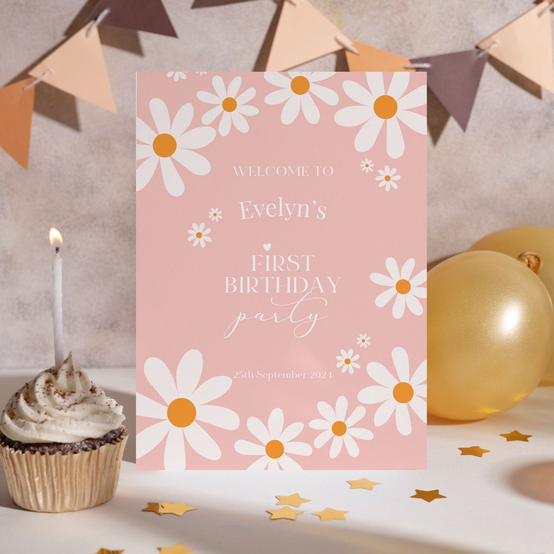 Editable Pink Daisy First Birthday Welcome Sign Template, 1st Year ...