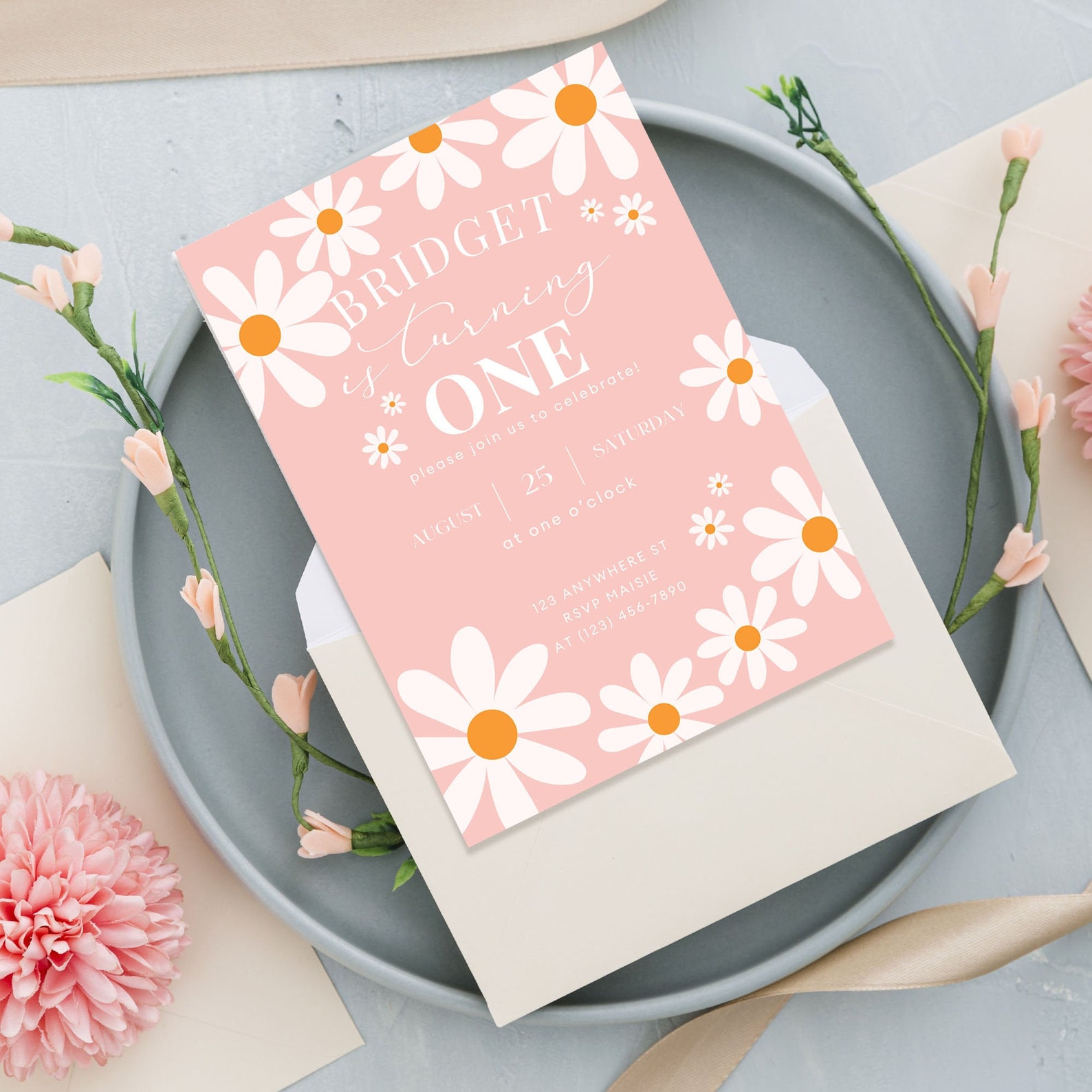 Printable Daisy First Birthday Invitation Template, Pink Boho Daisy 1st ...
