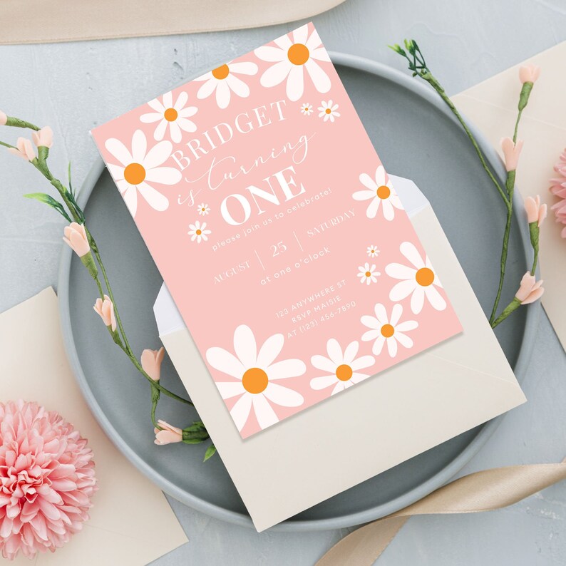 Printable Daisy First Birthday Invitation Template, Pink Boho Daisy 1st ...
