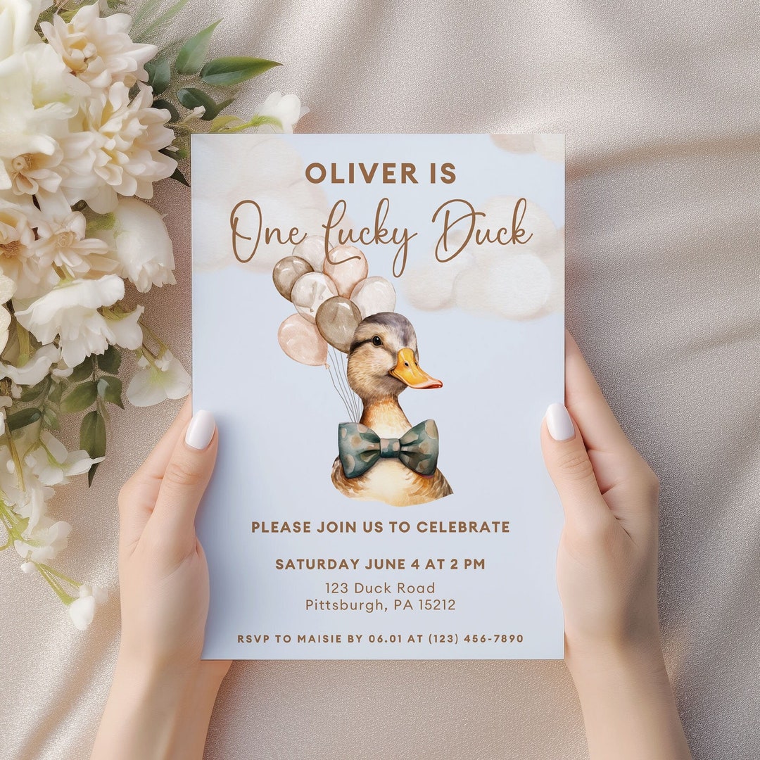 Printable Duck First Birthday Party Invitation Template, One Lucky Duck ...