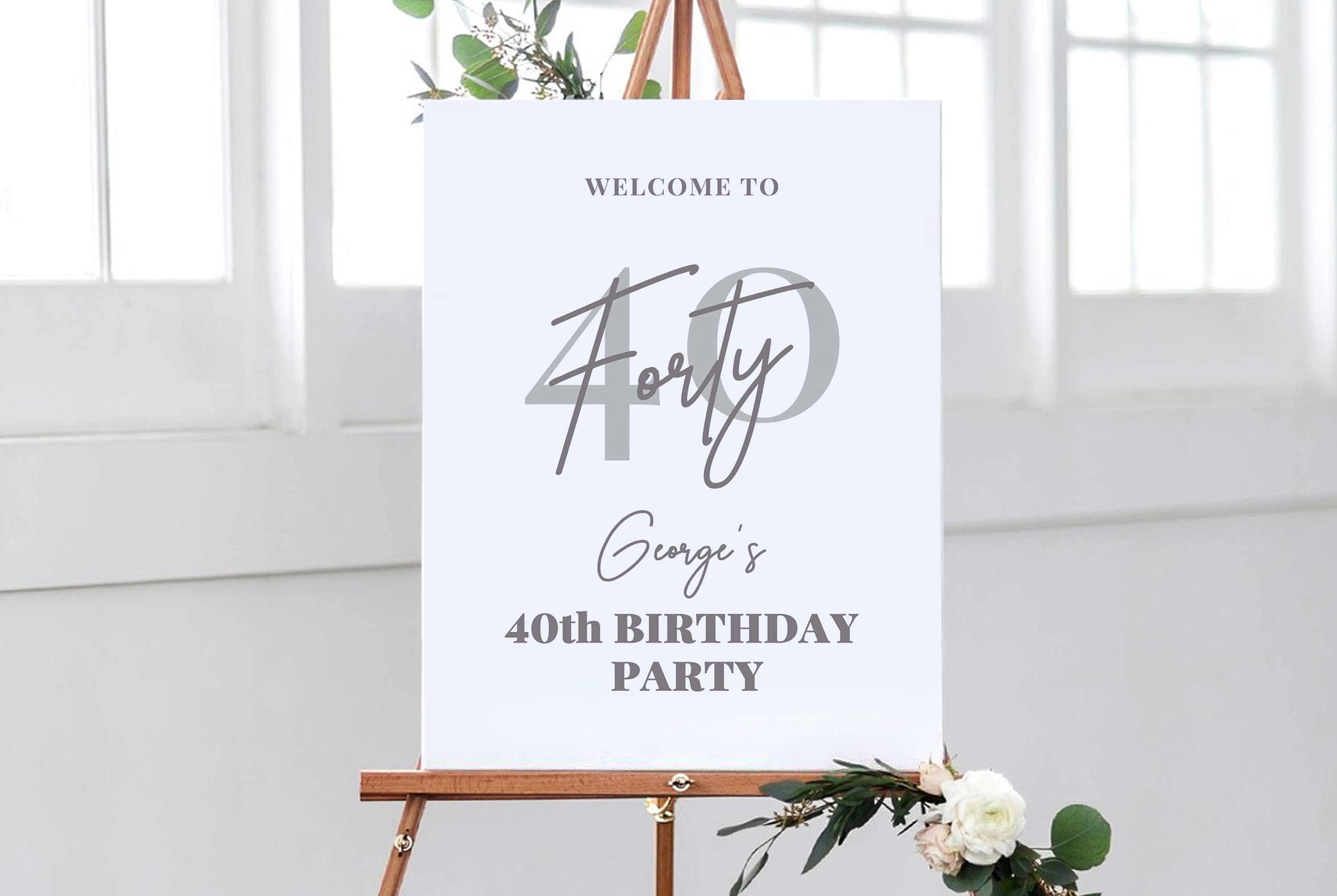 Editable White and Grey Welcome Sign Template Modern 40th Birthday ...