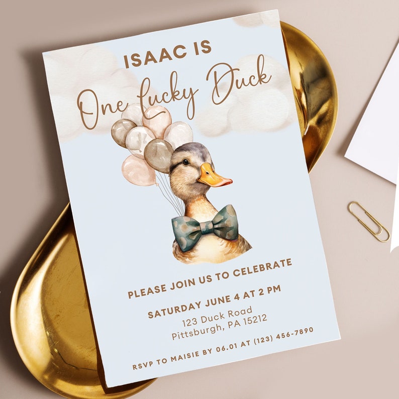 Printable Duck First Birthday Party Invitation Template, One Lucky Duck ...