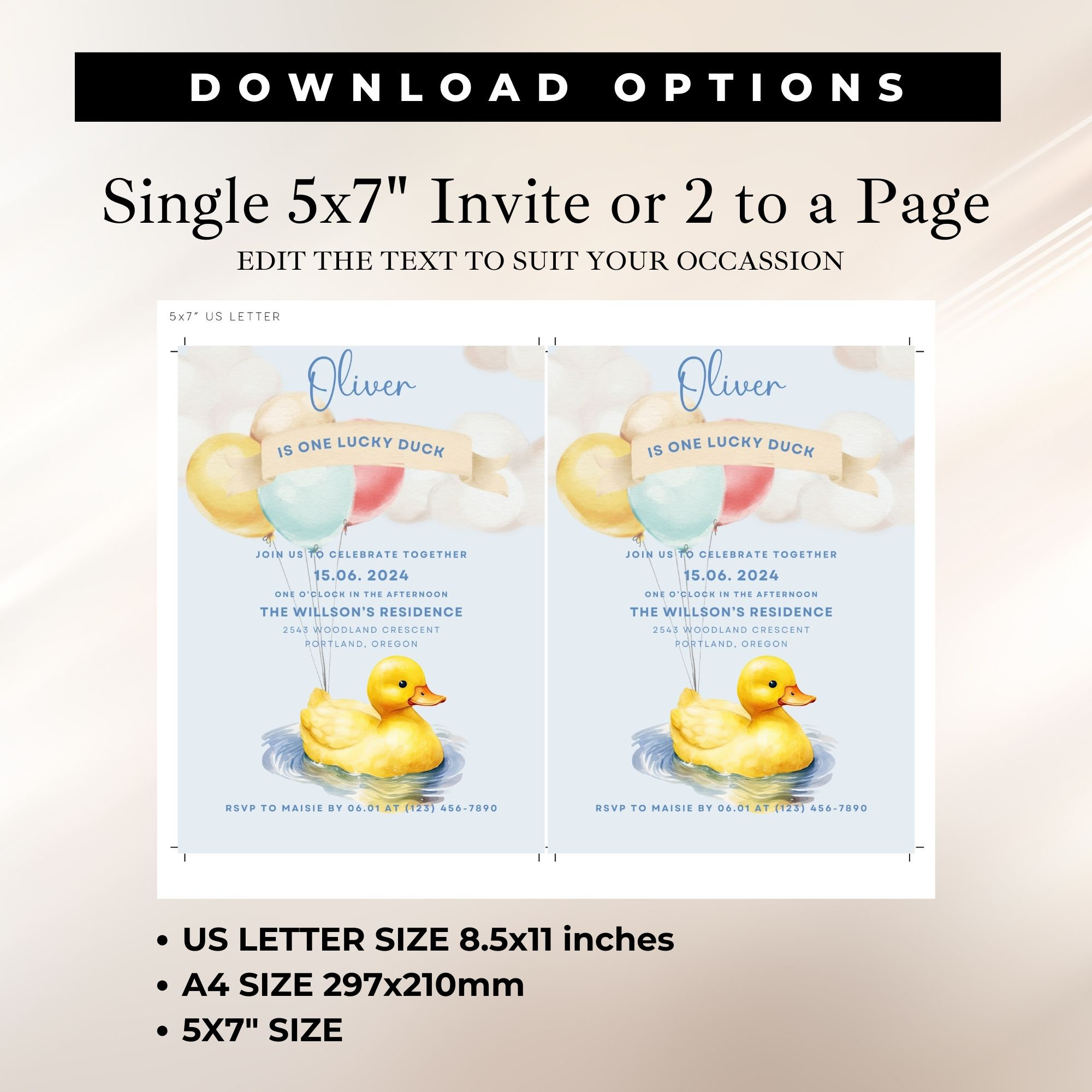 Printable Duck First Birthday Invitation Template, One Lucky Duck ...