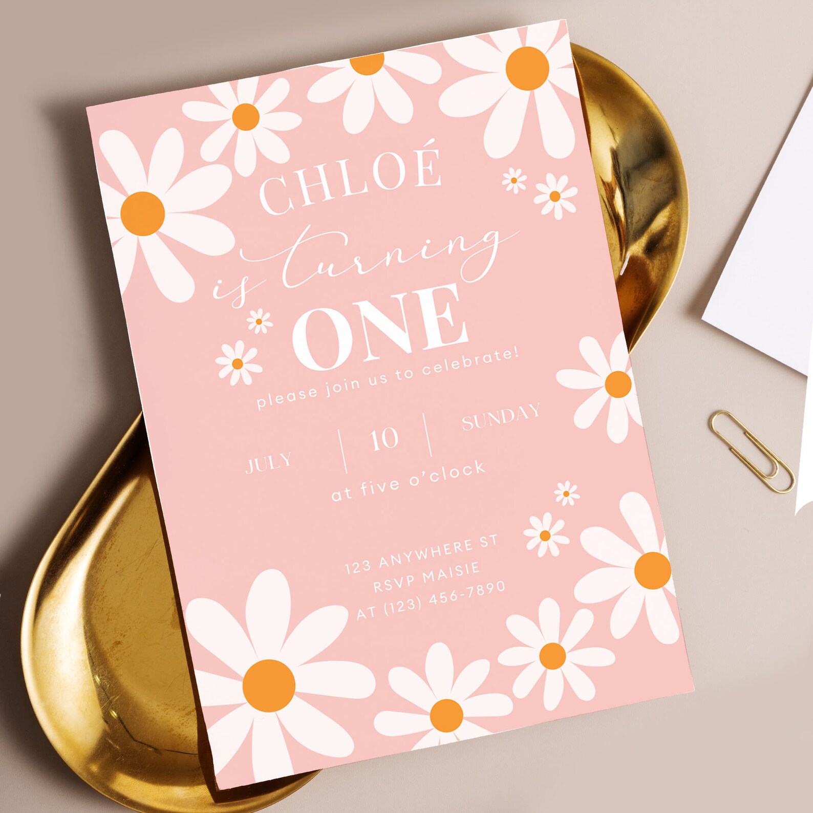 Printable Daisy First Birthday Invitation Template, Pink Boho Daisy 1st ...