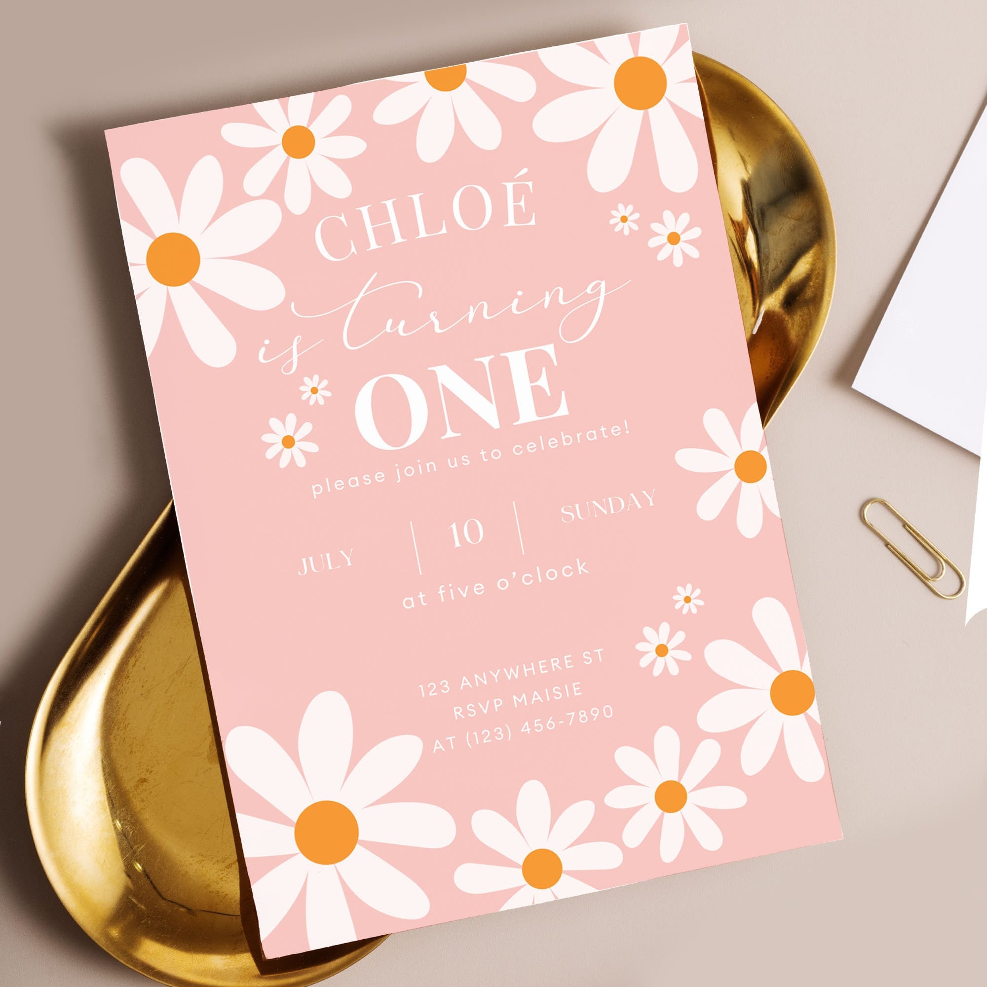 Printable Daisy First Birthday Invitation Template, Pink Boho Daisy 1st ...