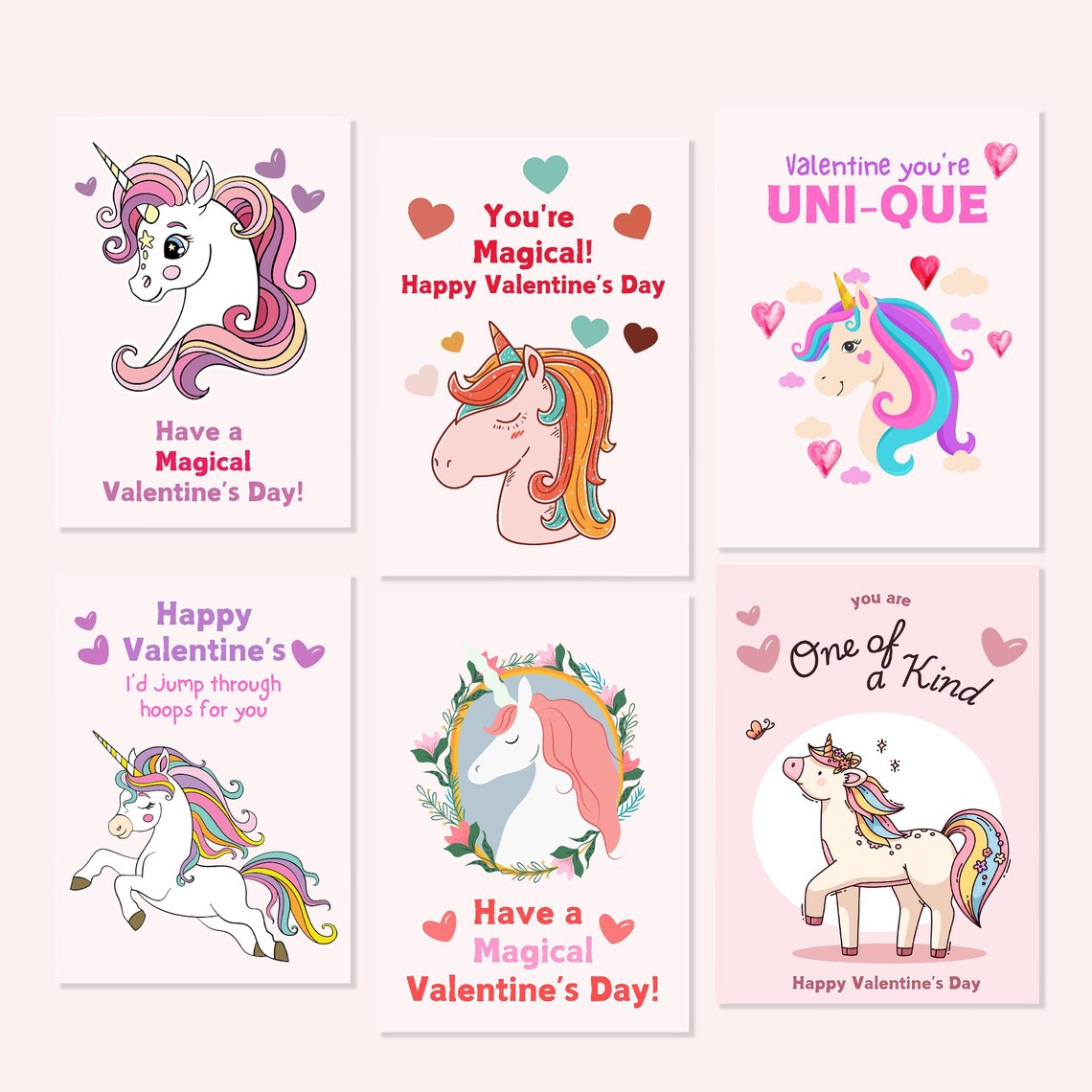 PRINTABLE Girls Valentines Cards Unicorns - Set of 6 - Unicorn Theme ...