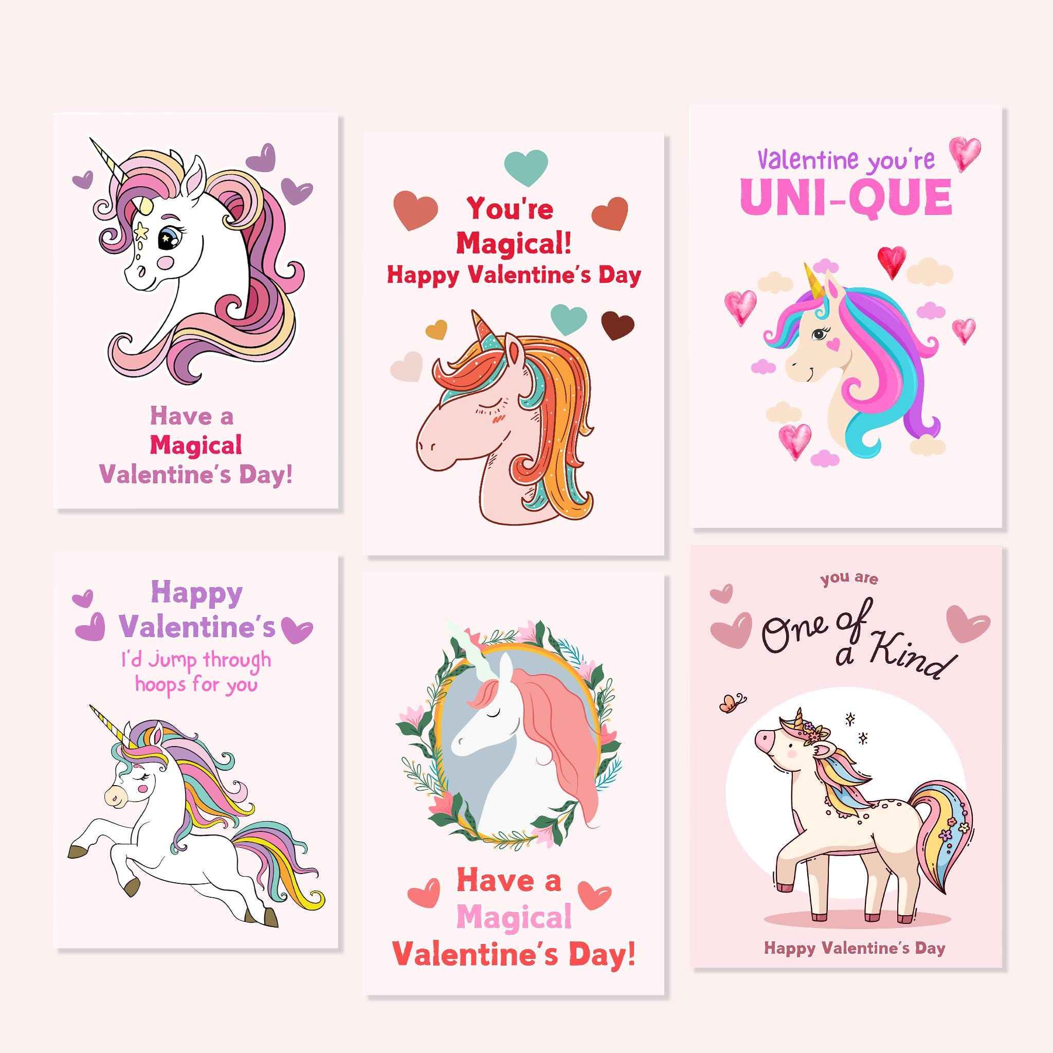 PRINTABLE Girls Valentines Cards Unicorns - Set of 6 - Unicorn Theme ...