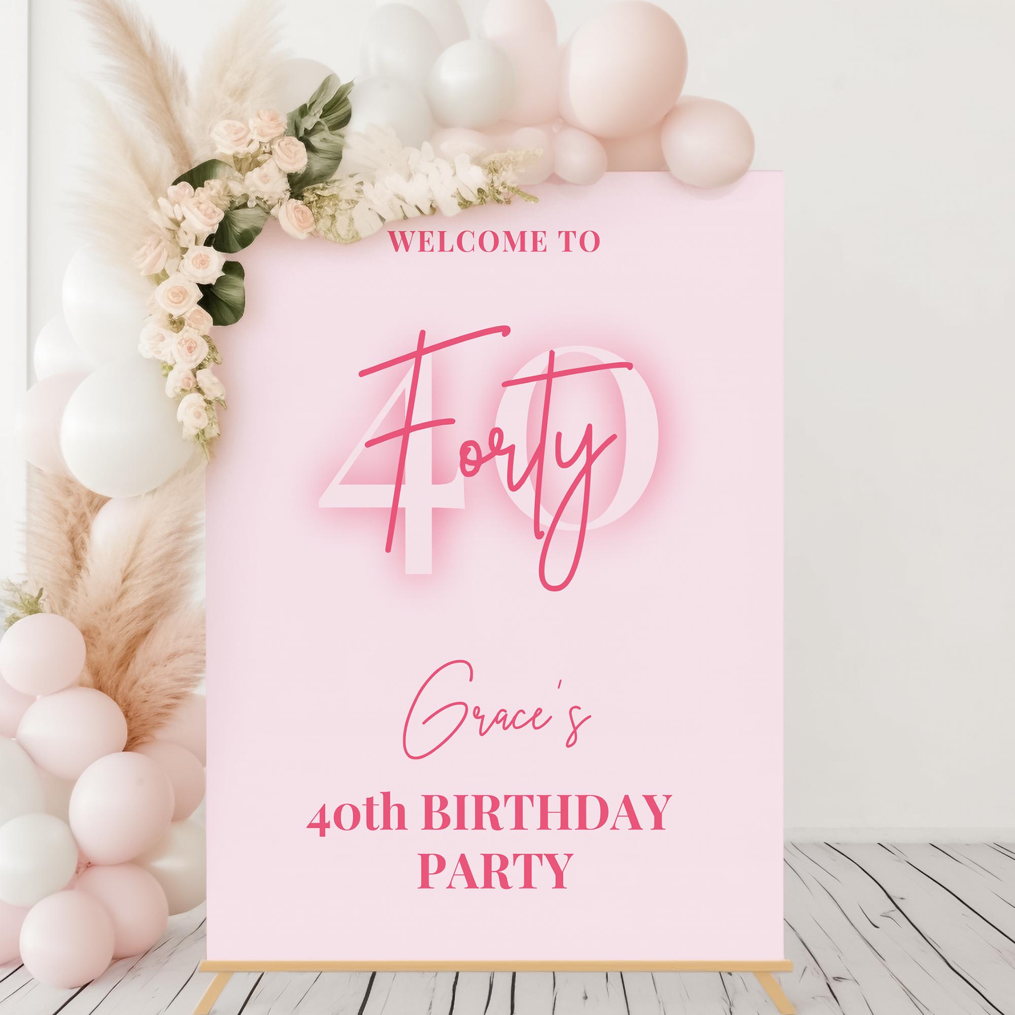 Editable Neon Pink Birthday Party Welcome Sign 40th Birthday Party Sign ...