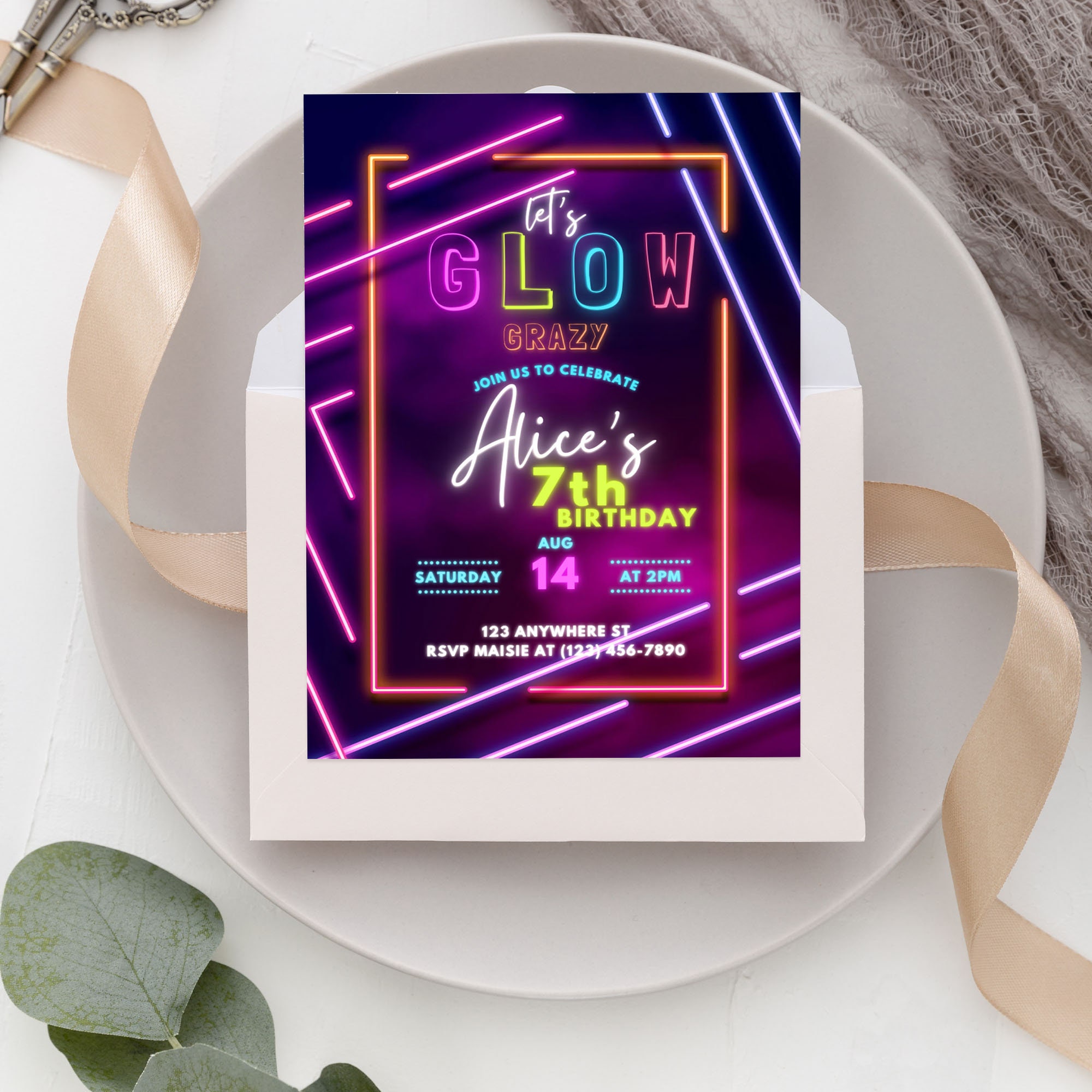 Printable Let's Glow Crazy Invitation Template, Glow Party Invite, Neon ...