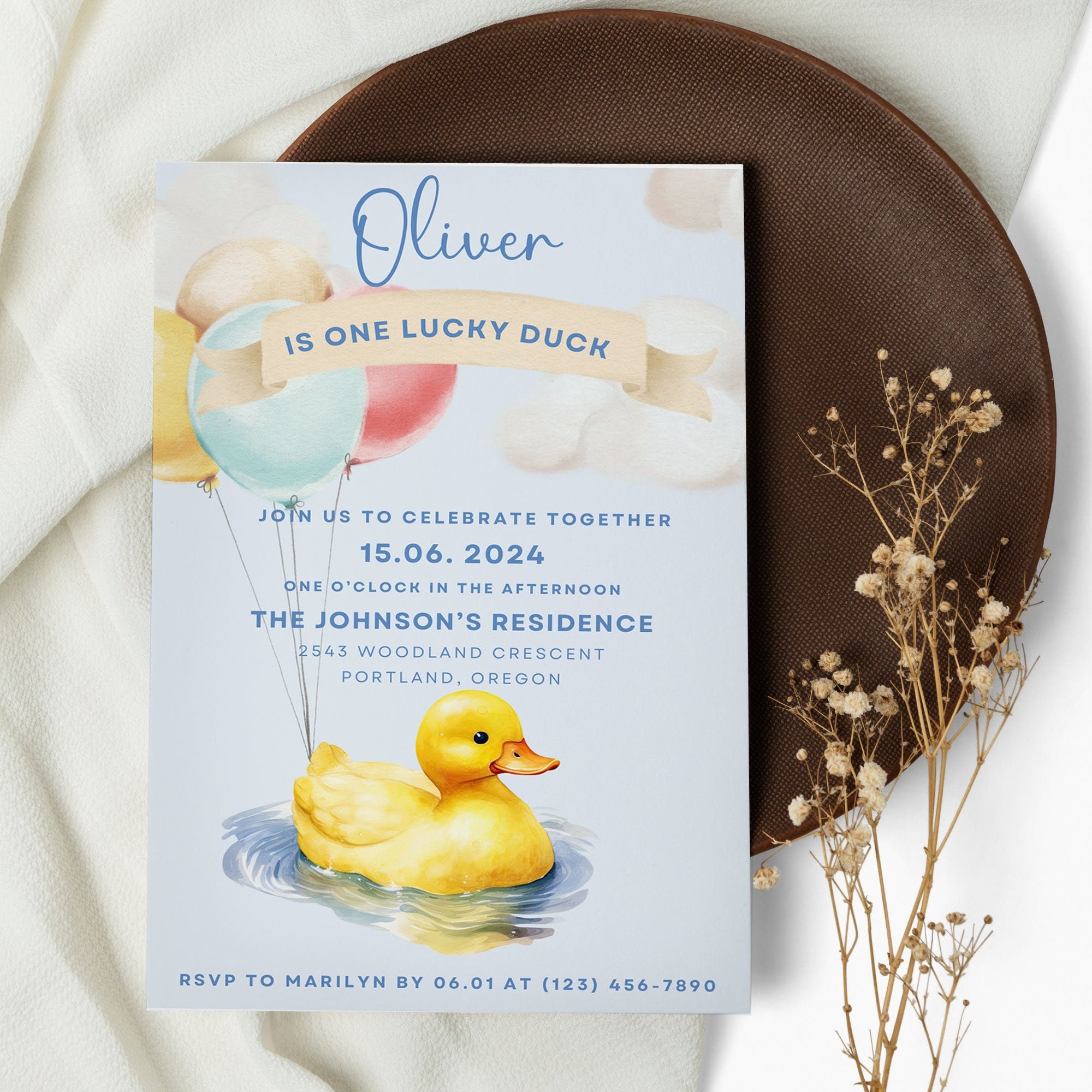Printable Duck First Birthday Invitation Template, One Lucky Duck ...