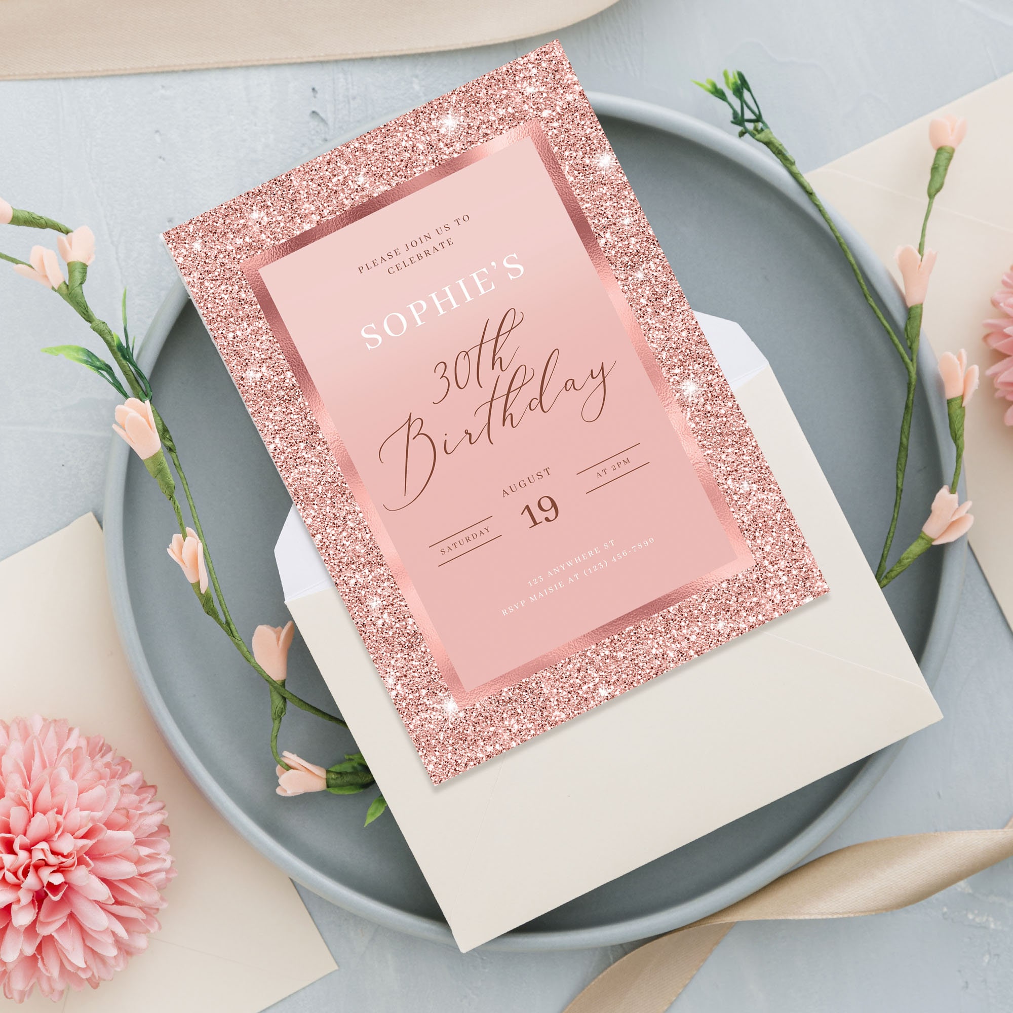 Printable Rose Gold Birthday Invitation Template, Canva Pink Birthday ...