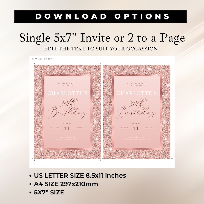 Printable Rose Gold Birthday Invitation Template, Canva Pink Birthday ...
