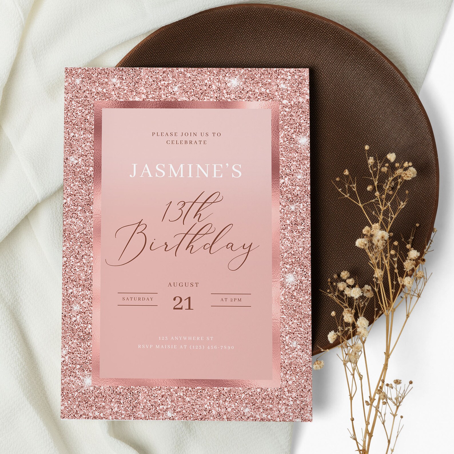 Printable Rose Gold Birthday Invitation Template, Canva Pink Birthday ...