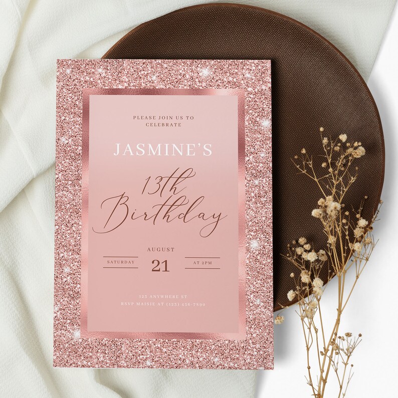 Printable Rose Gold Birthday Invitation Template, Canva Pink Birthday ...