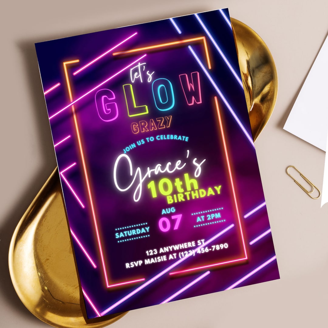 Printable Let's Glow Crazy Invitation Template, Glow Party Invite, Neon ...