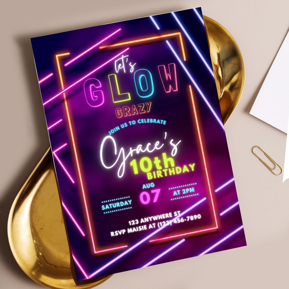 Printable Let's Glow Crazy Invitation Template, Glow Party Invite, Neon ...
