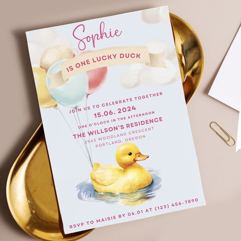 Printable Duck First Birthday Invitation Template, One Lucky Duck ...