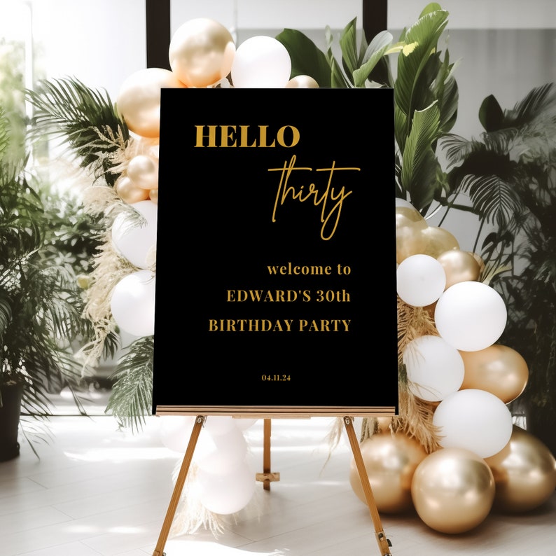 Editable Black and Gold Birthday Party Welcome Sign Canva Template ...