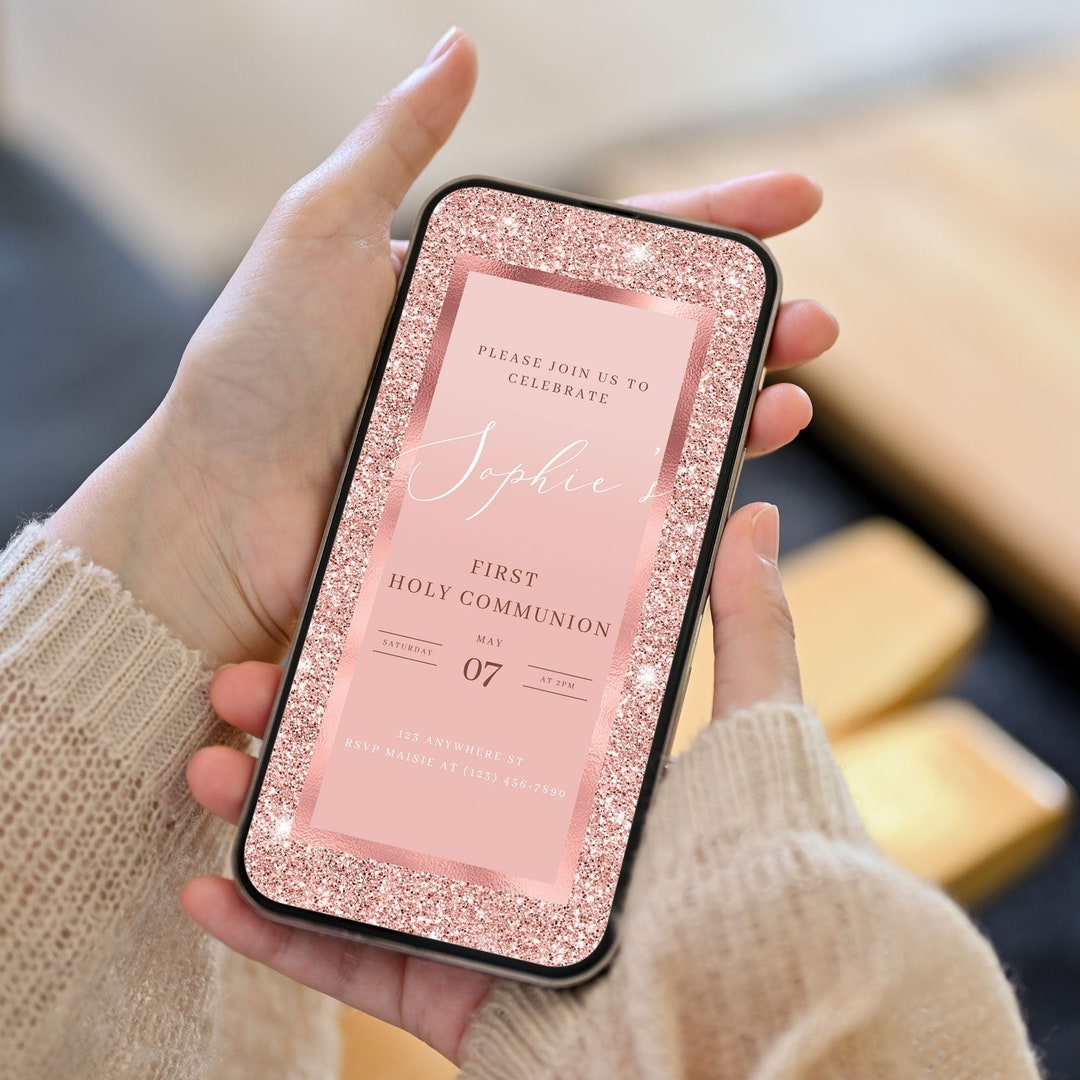 Digital First Holy Communion Invitation, Mobile Rose Gold Communion ...