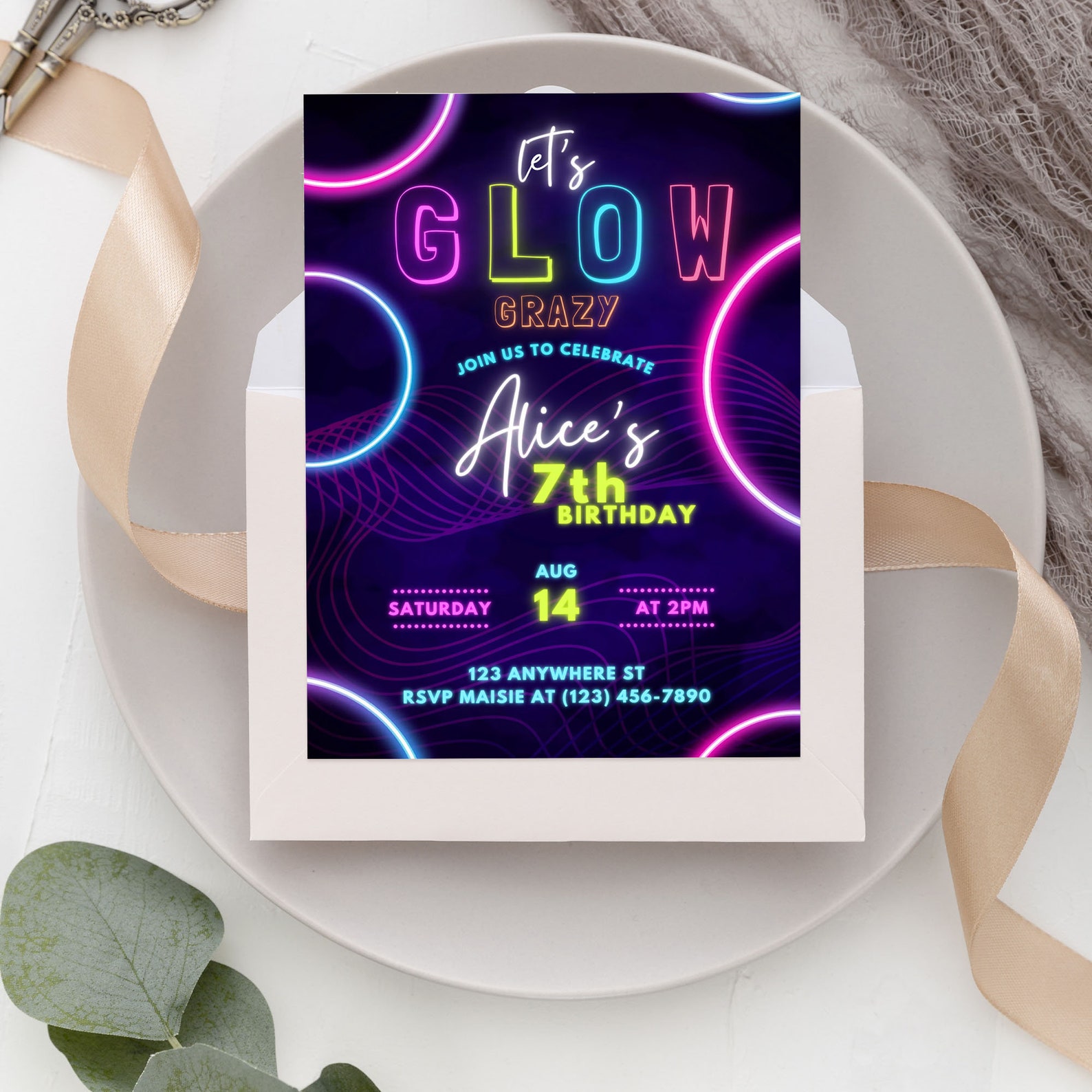 Printable Let's Glow Crazy Invitation Template, Glow Party Invite, Neon ...