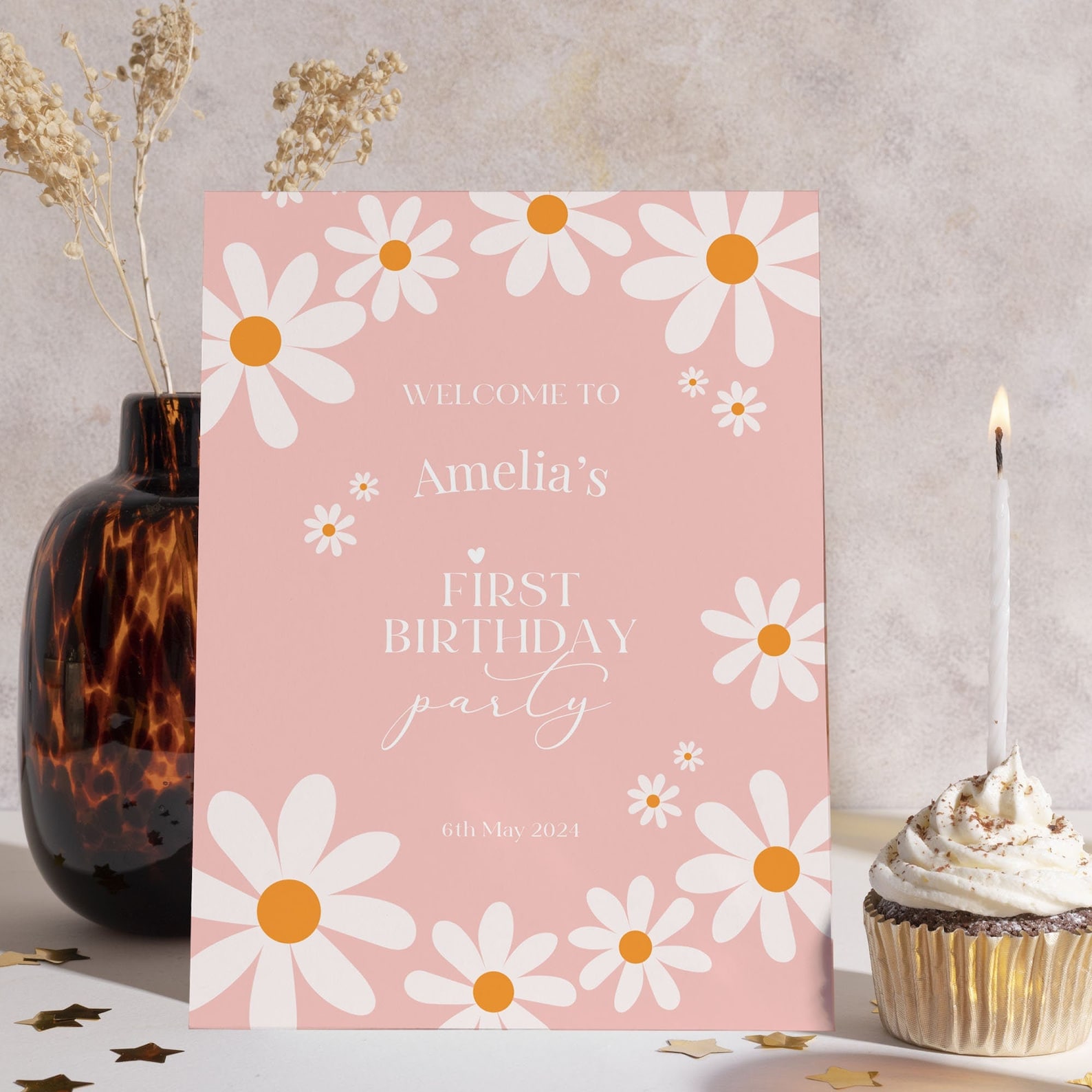 Editable Pink Daisy First Birthday Welcome Sign Template, 1st Year ...