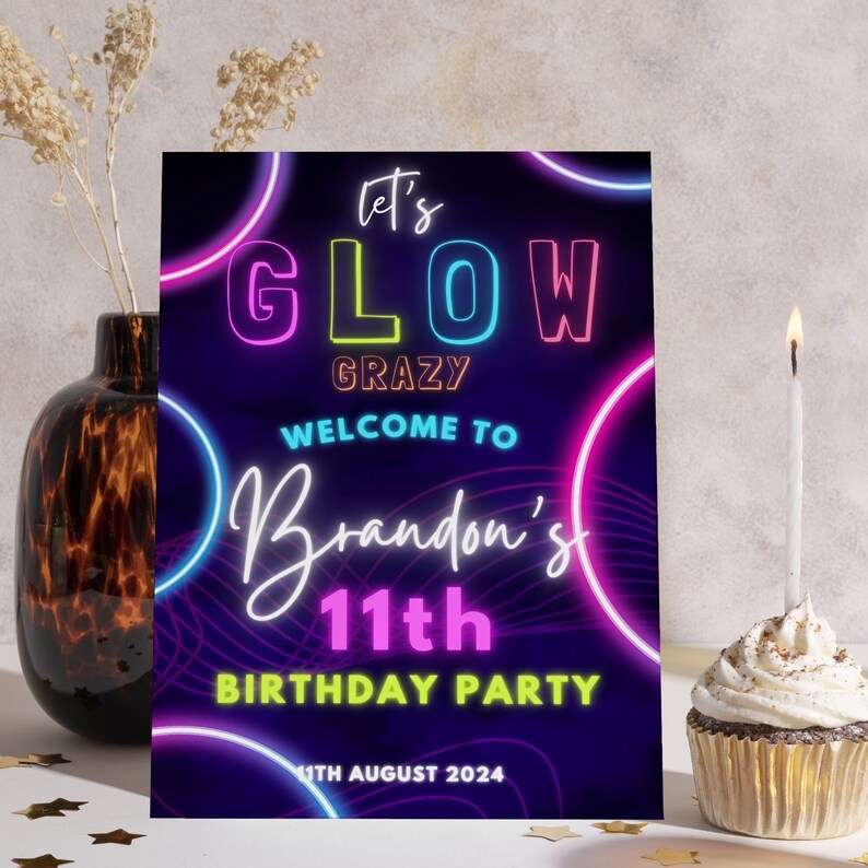 Editable Glow Party Welcome Sign Template Neon Birthday Party Welcome ...