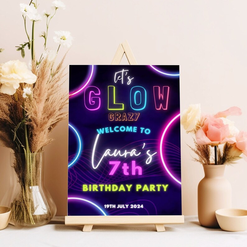 Editable Glow Party Welcome Sign Template Neon Birthday Party Welcome ...