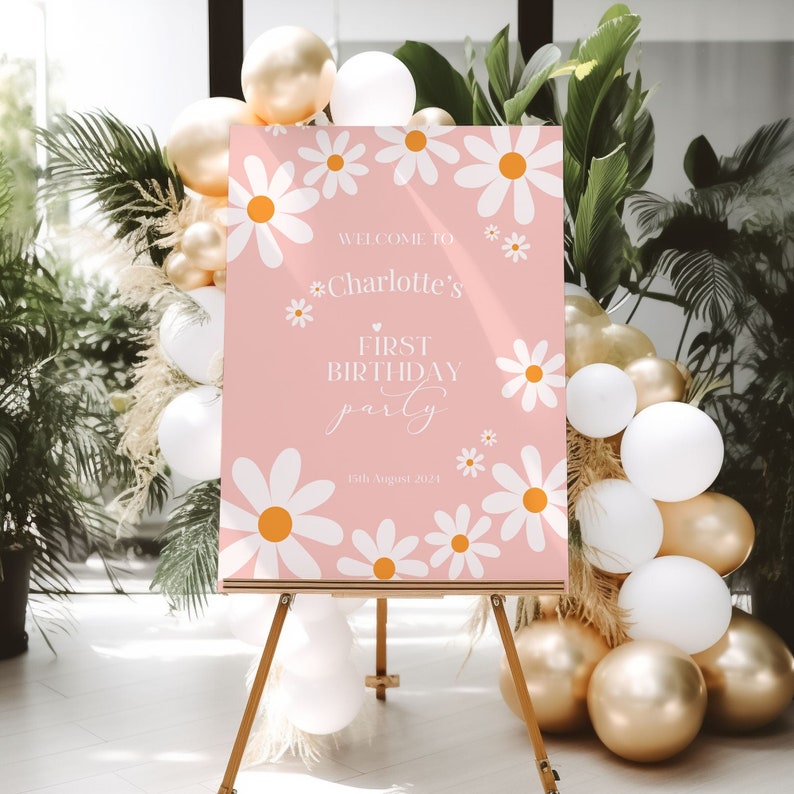 Pink Daisy First Birthday Welcome Sign Template (digital Download) - Etsy