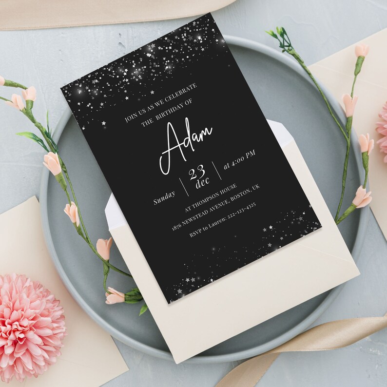 Digital Black and Silver Birthday Party Invitation Template Editable ...