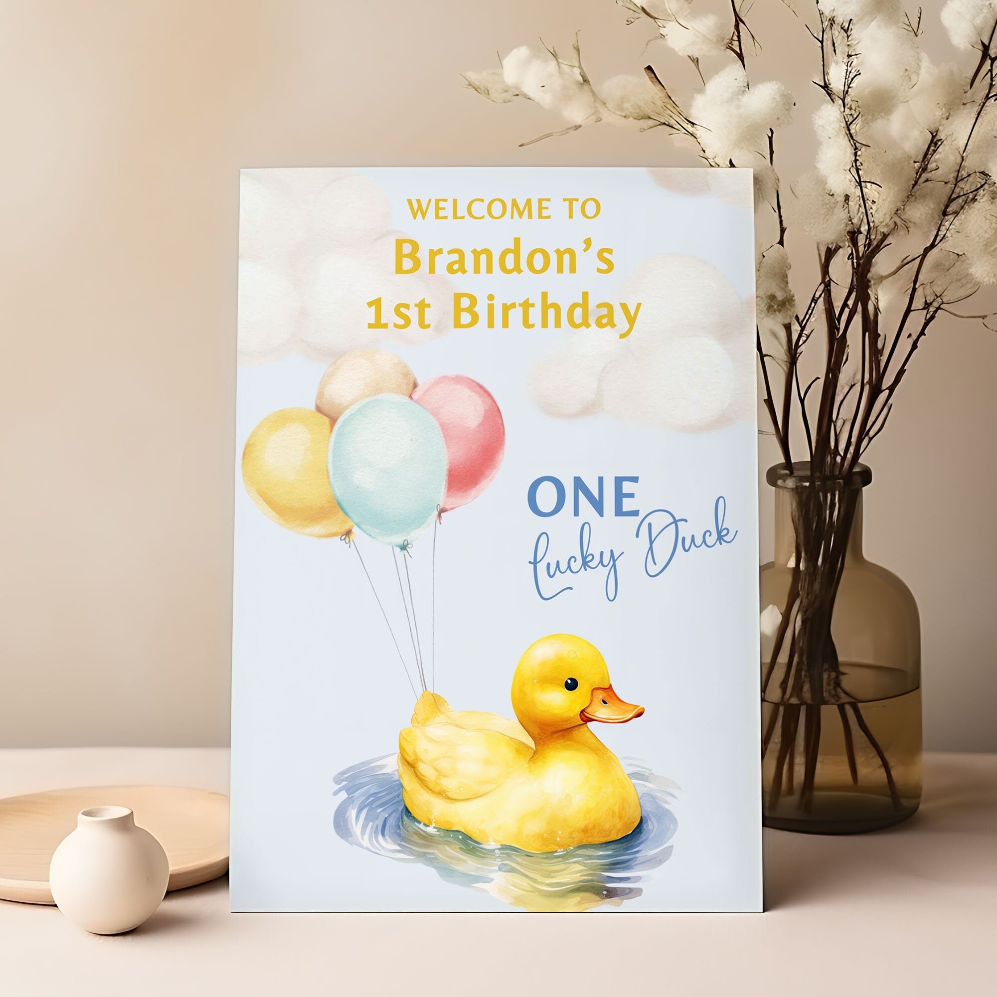 Duck First Birthday Party Welcome Sign, One Lucky Duck Birthday Sign ...