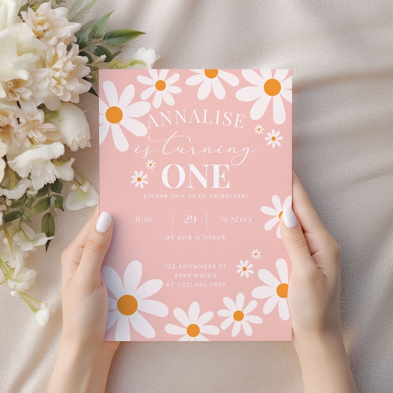 Printable Daisy First Birthday Invitation Template, Pink Boho Daisy 1st ...