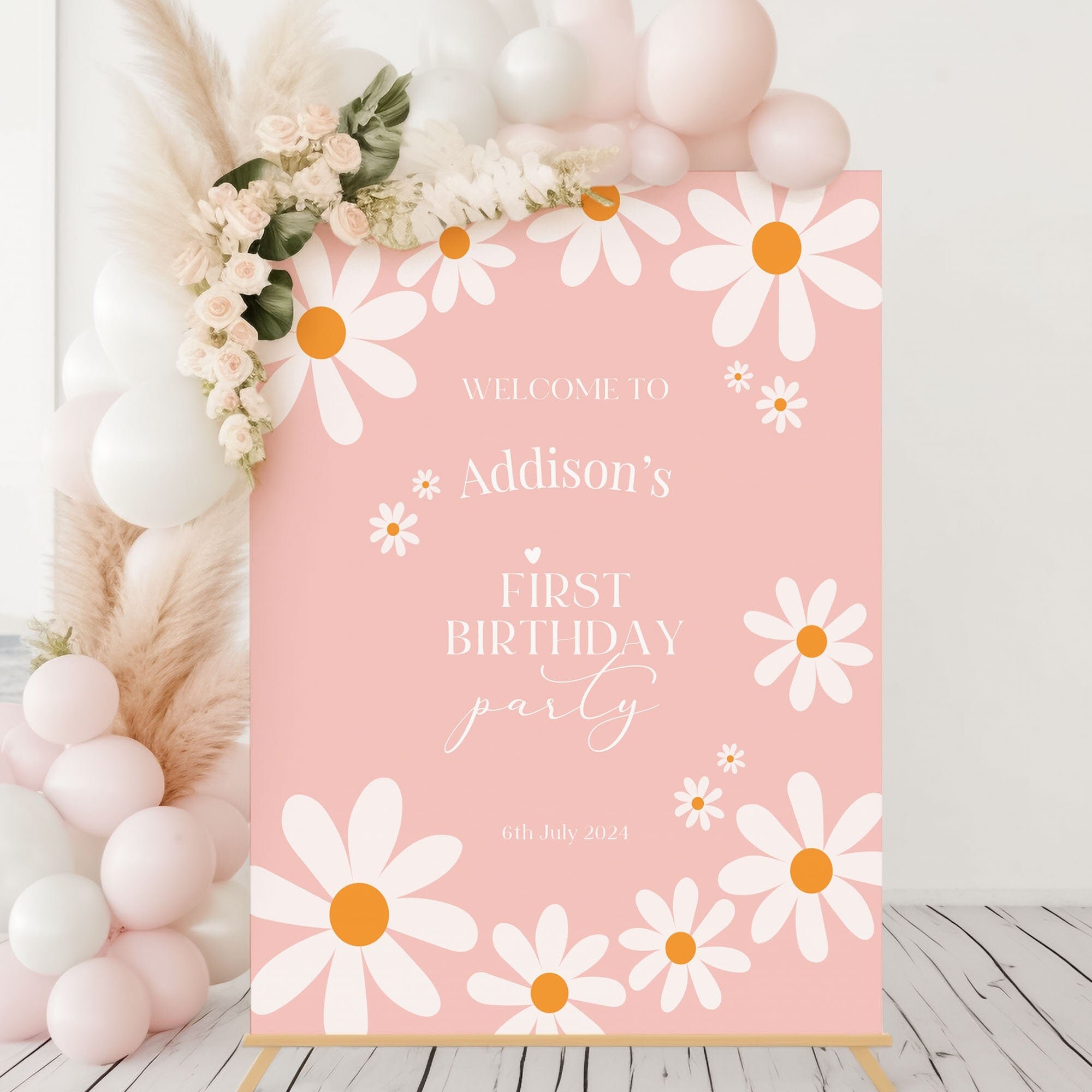 Editable Pink Daisy First Birthday Welcome Sign Template, 1st Year ...