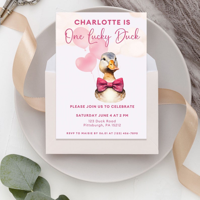 Printable Duck First Birthday Party Invitation Template, One Lucky Duck ...