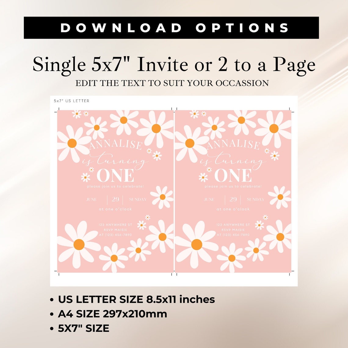 Printable Daisy First Birthday Invitation Template, Pink Boho Daisy 1st ...