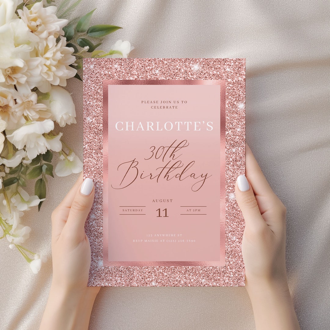Printable Rose Gold Birthday Invitation Template, Canva Pink Birthday ...
