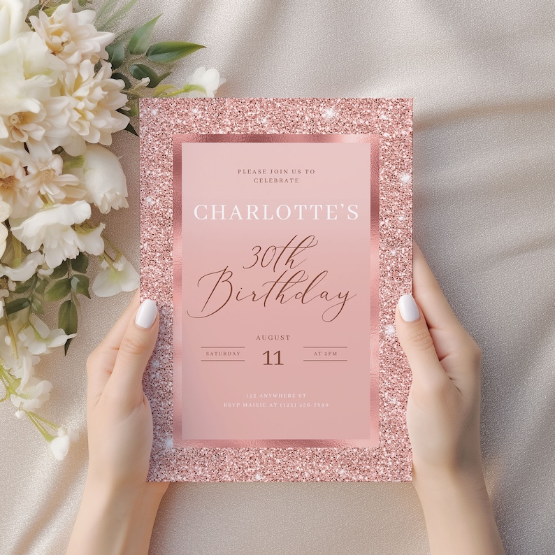 Printable Rose Gold Birthday Invitation Template, Canva Pink Birthday ...