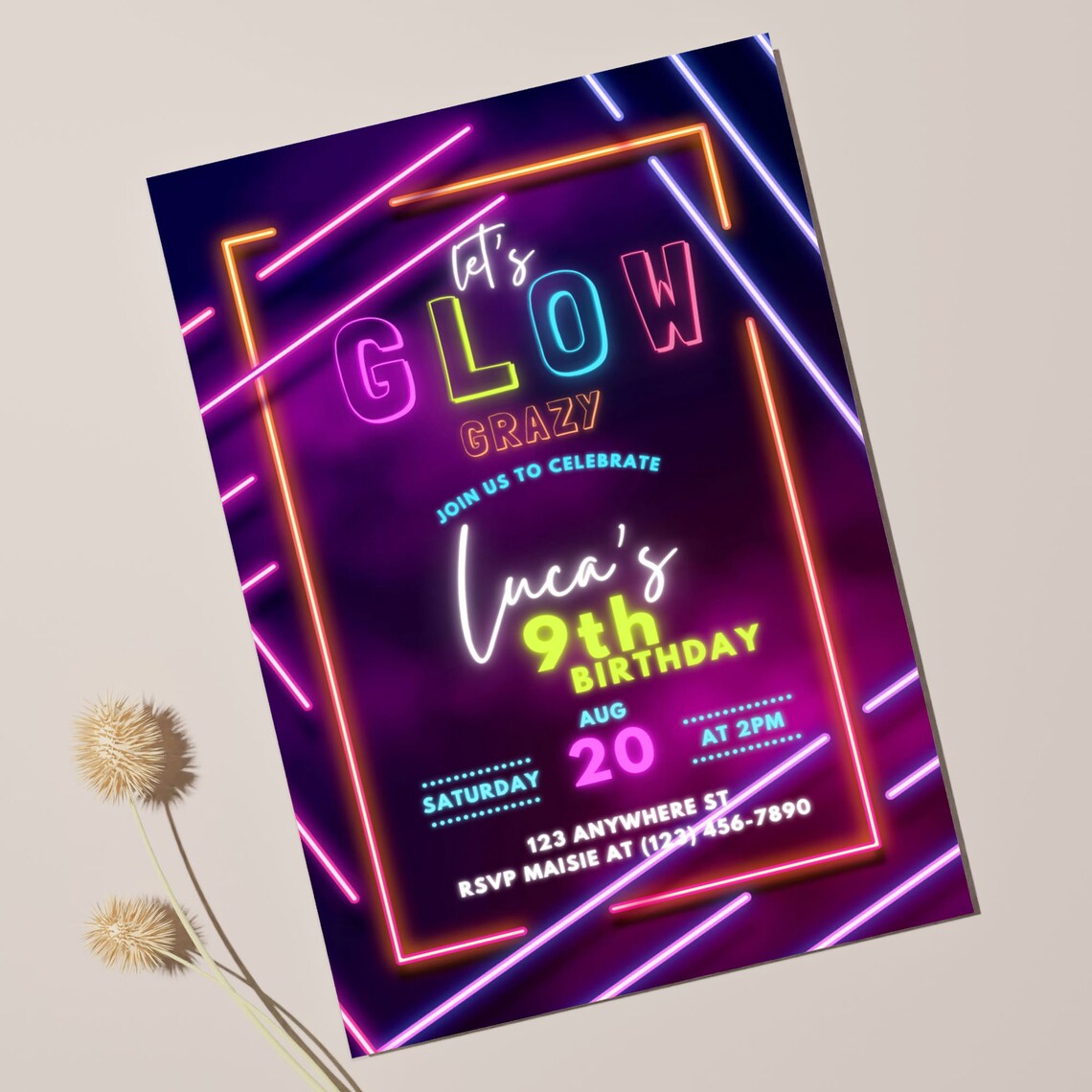 Printable Let's Glow Crazy Invitation Template, Glow Party Invite, Neon ...
