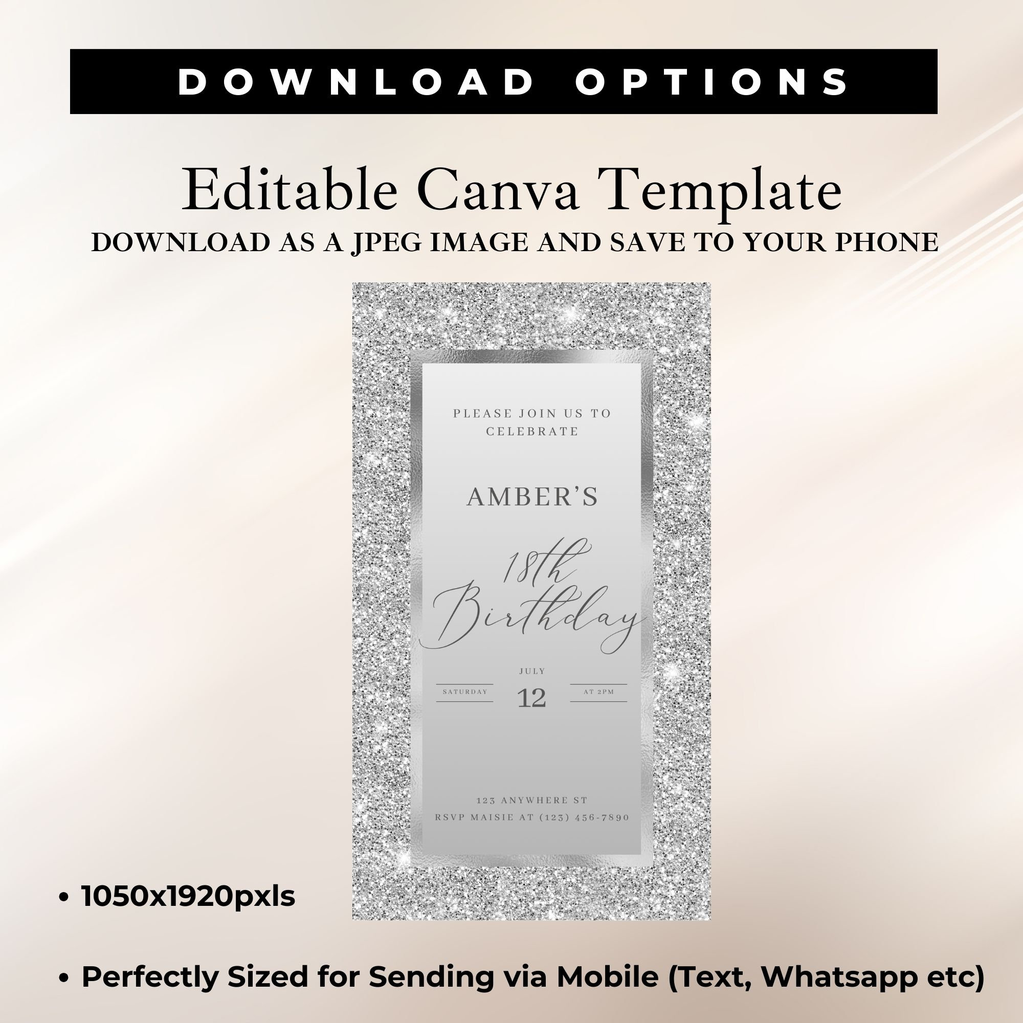 Digital Silver Birthday Party Invitation Template Digital Silver ...